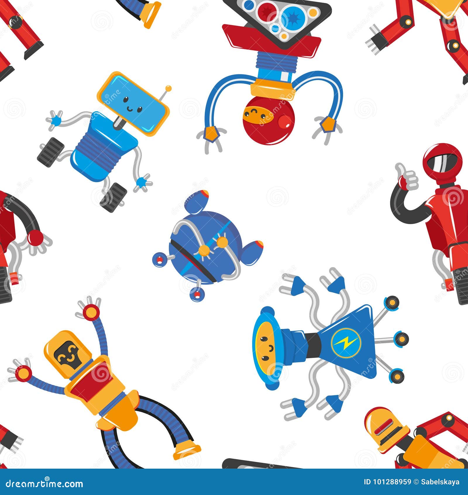 Vector Flat Cartoon Funny Robots Seamless Pattern Stock Vector ...