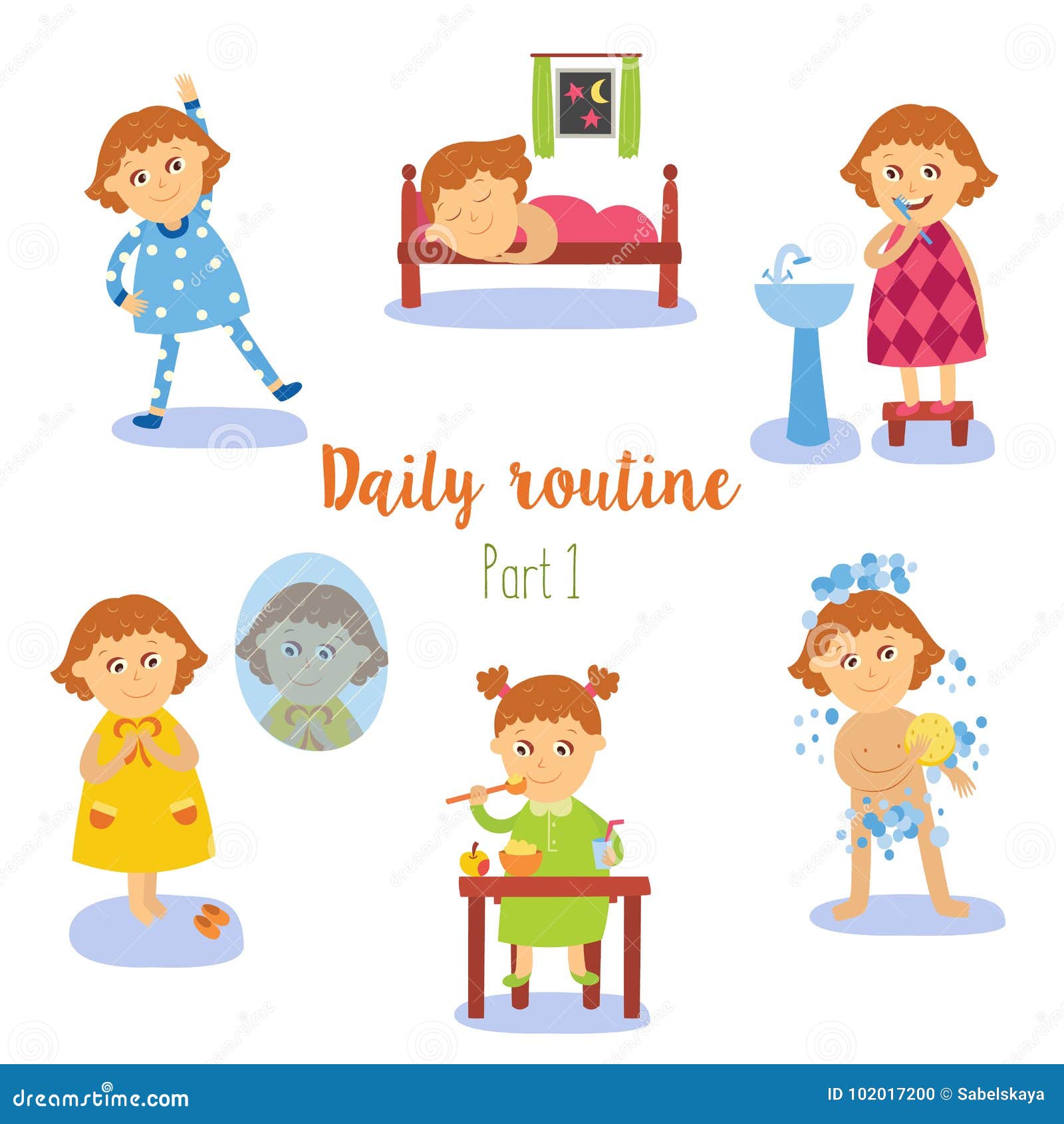 Vector Flat Cartoon Kid Doing Routine Activity Set Stock Vector ...