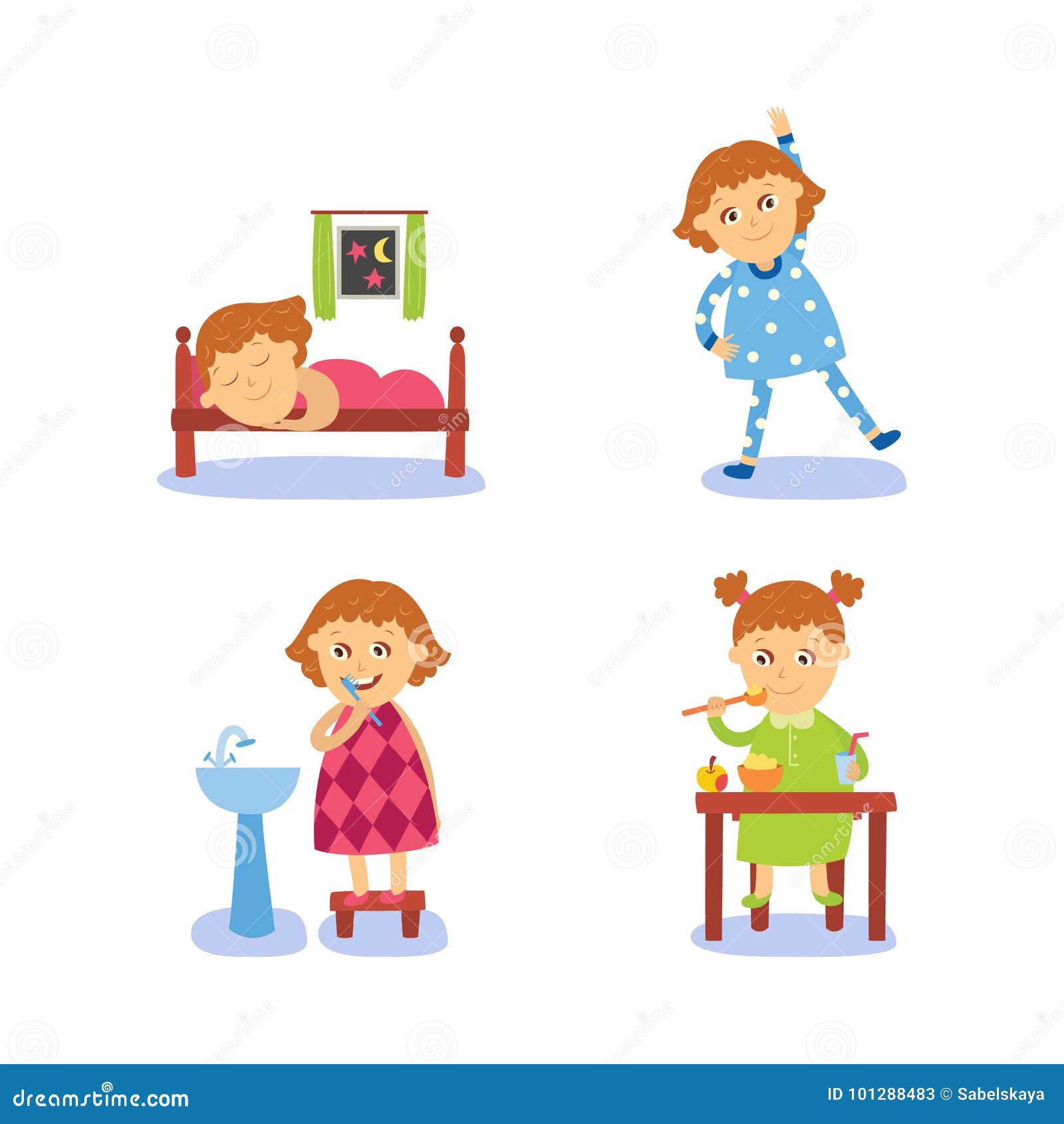 Vector Flat Cartoon Kid Doing Routine Activity Set Stock Vector ...