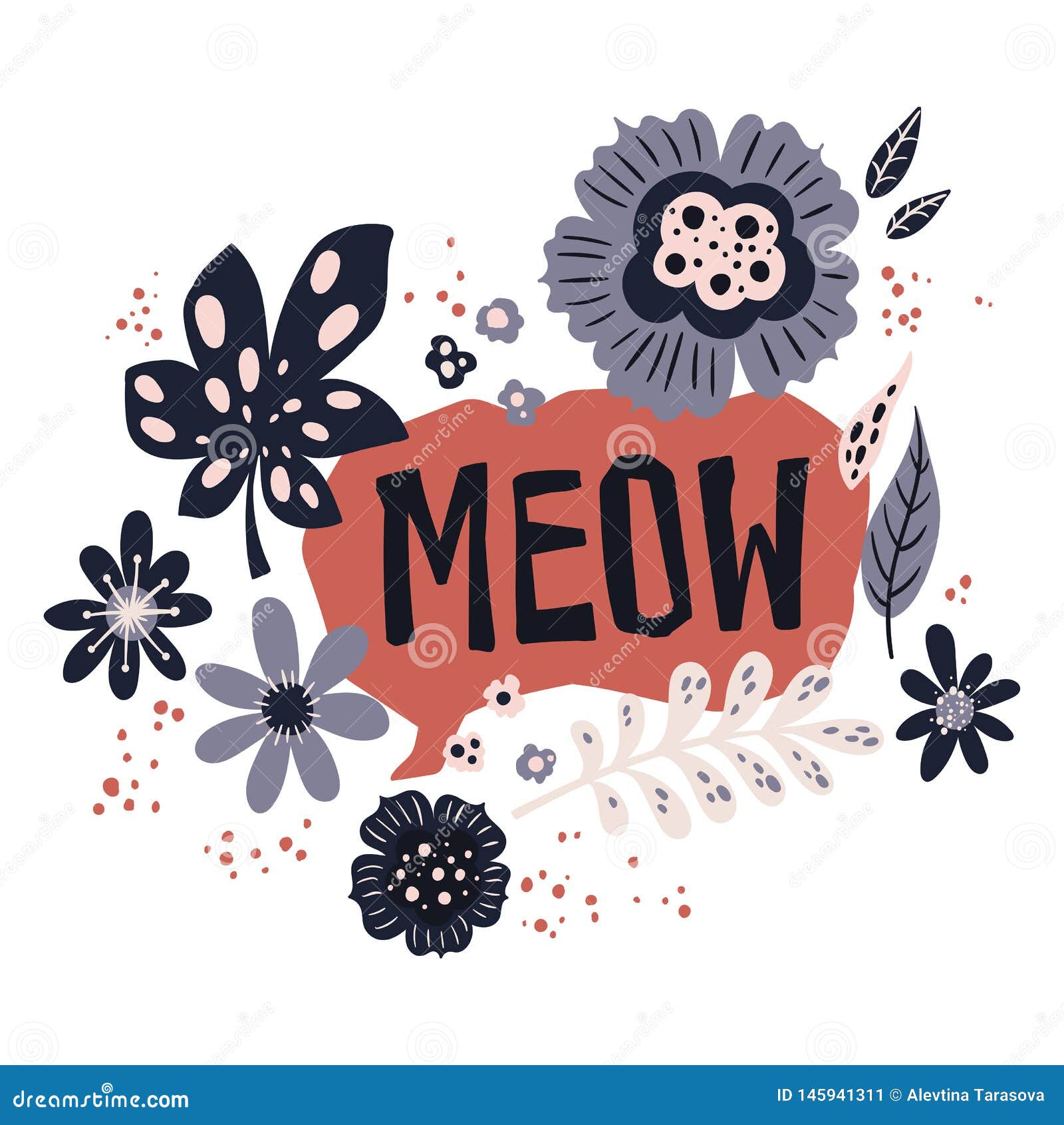Vector Flat Hand Drawn Illustrations. Lettering Meow Decorated with ...