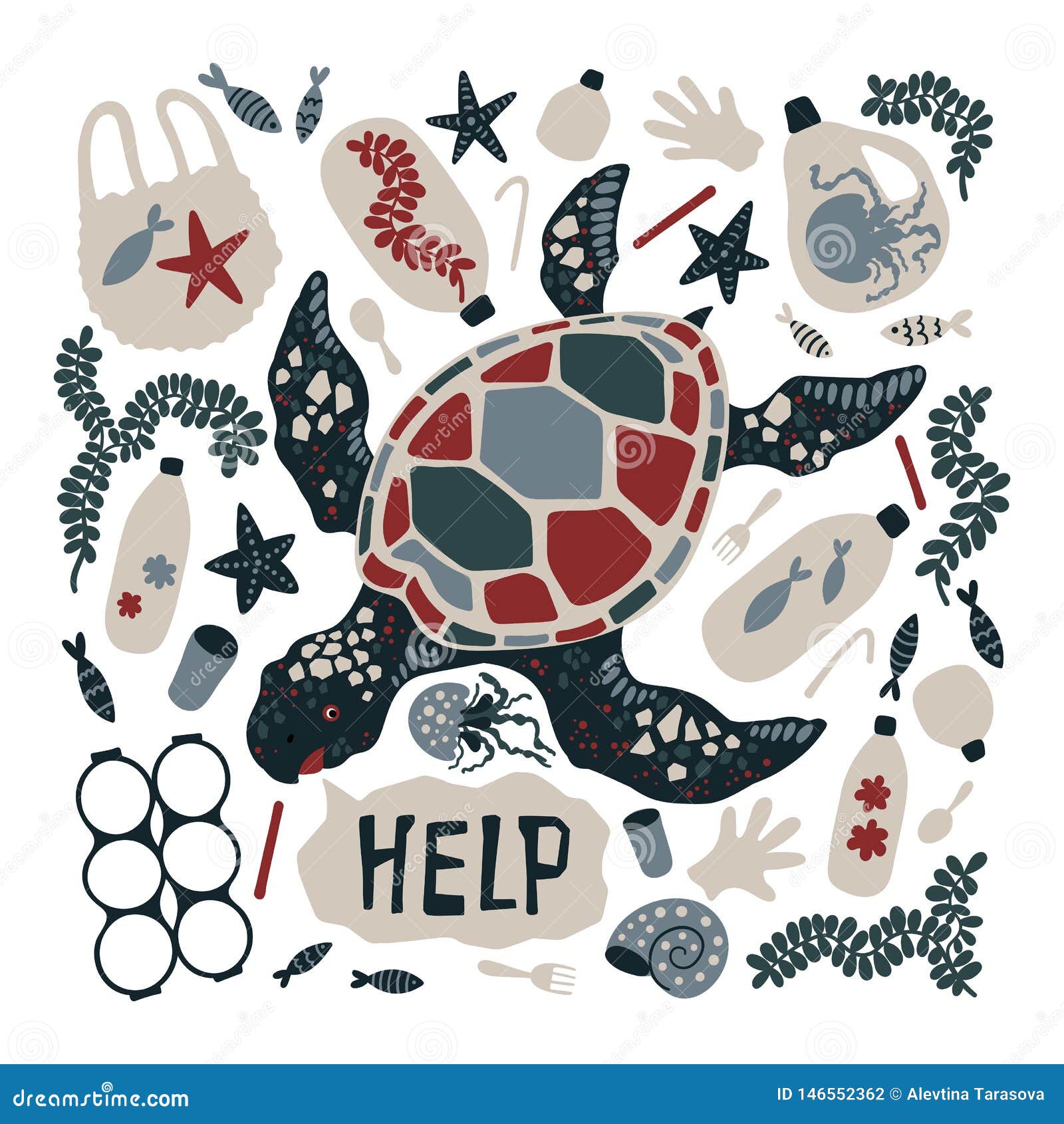 Vector Flat Hand Drawn Turtle Surrounded by Marine Litter and Waste ...