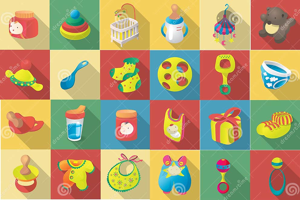 Vector Flat Icon Set of Baby Goodies Stock Vector - Illustration of ...