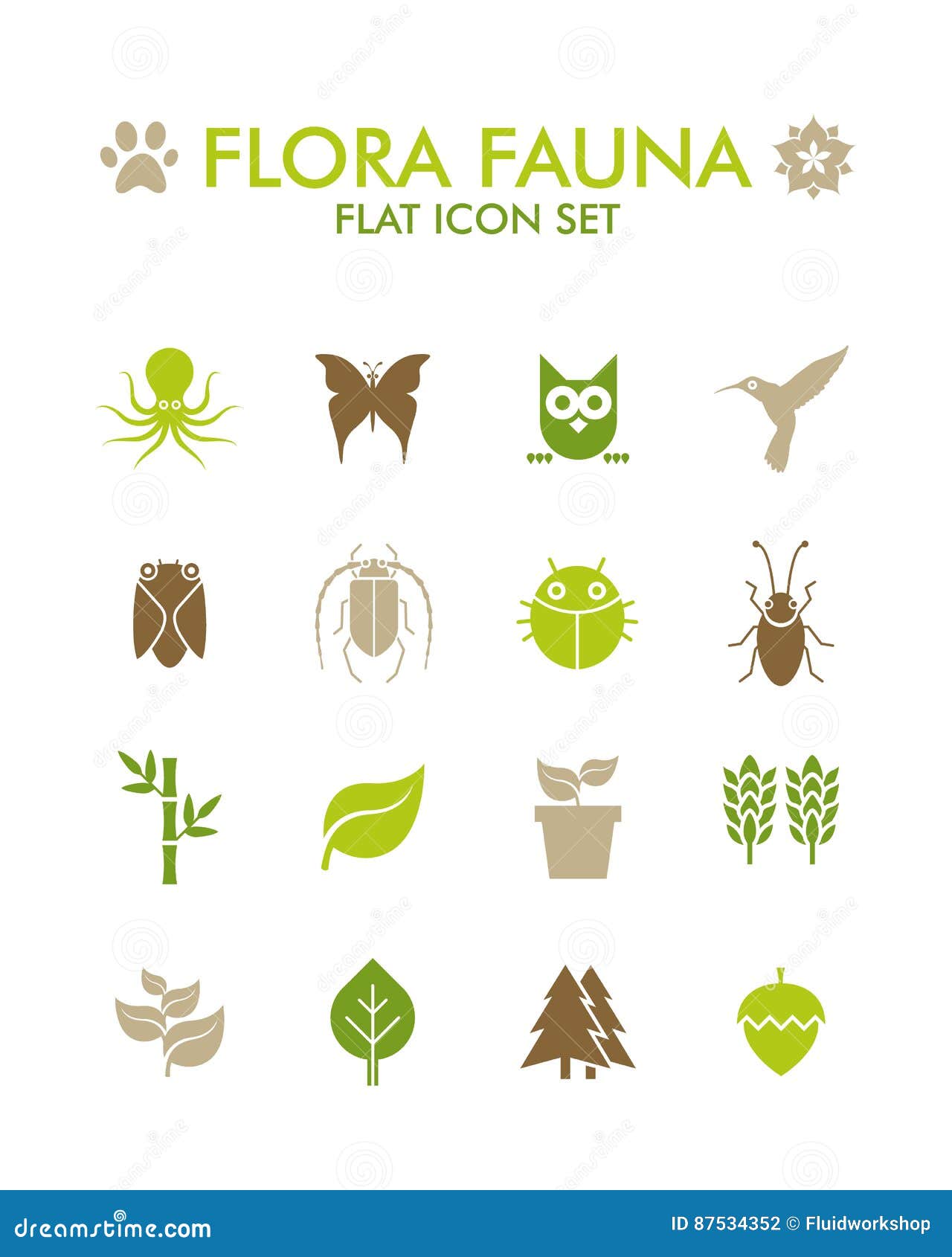 Vector Flat Icon Set - Flora and Fauna Stock Vector - Illustration of ...