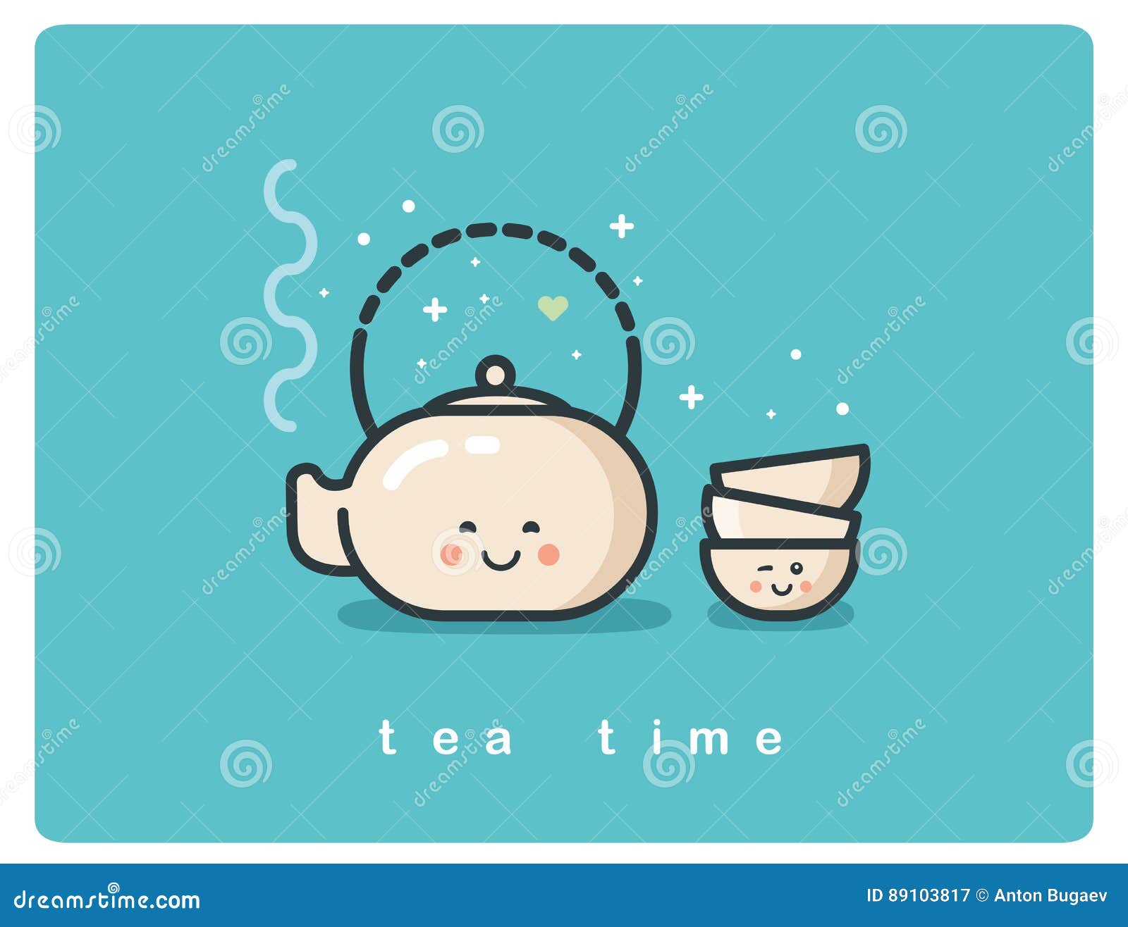 Vector Flat Icon of Tea Time, Tea Pot and Cups Cute Cartoon Characters ...