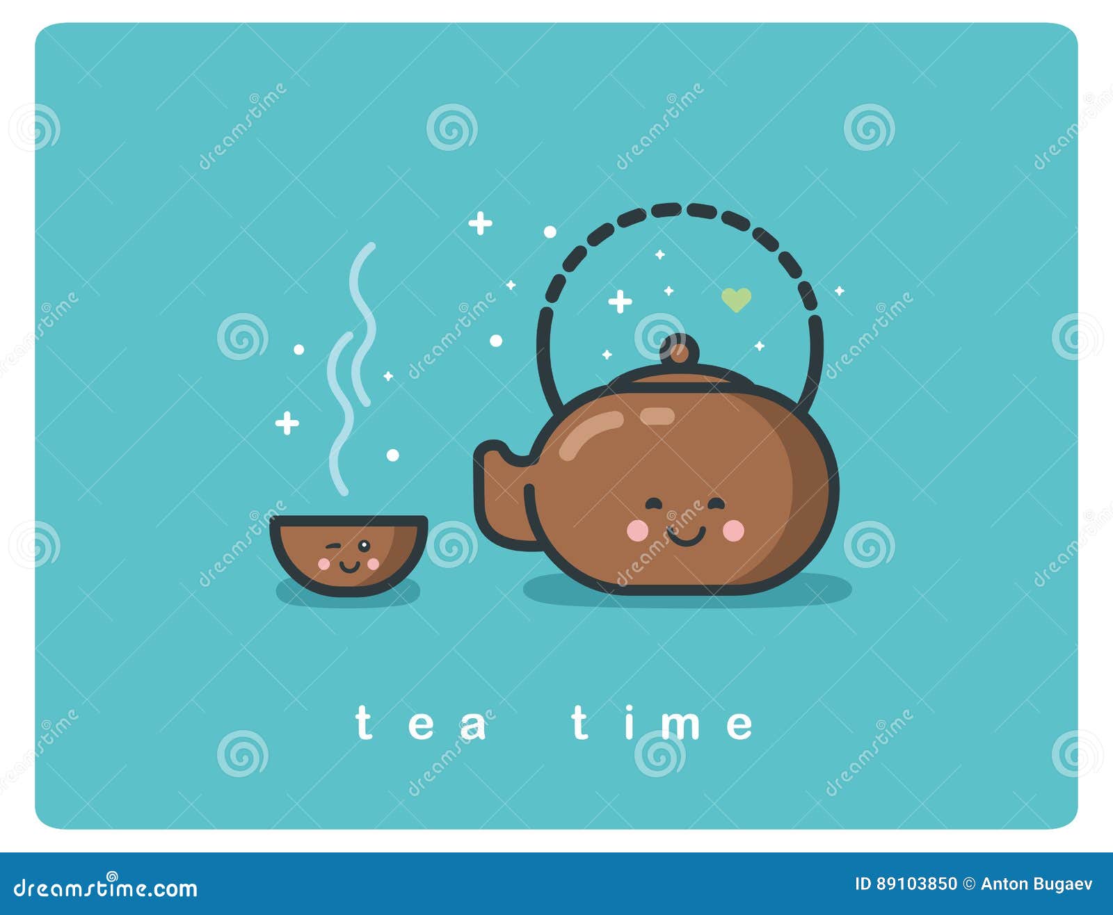Vector Flat Icon of Tea Time, Tea Pot and Cups Cute Cartoon Characters ...