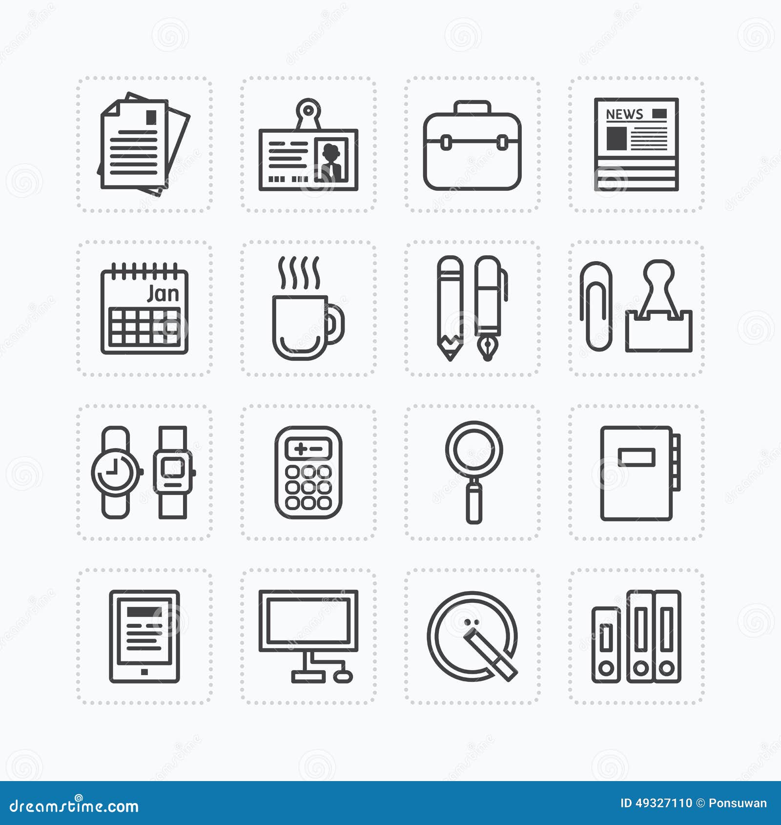 Vector Flat Icons Set of Business Office Tools Outline Concept. Stock ...