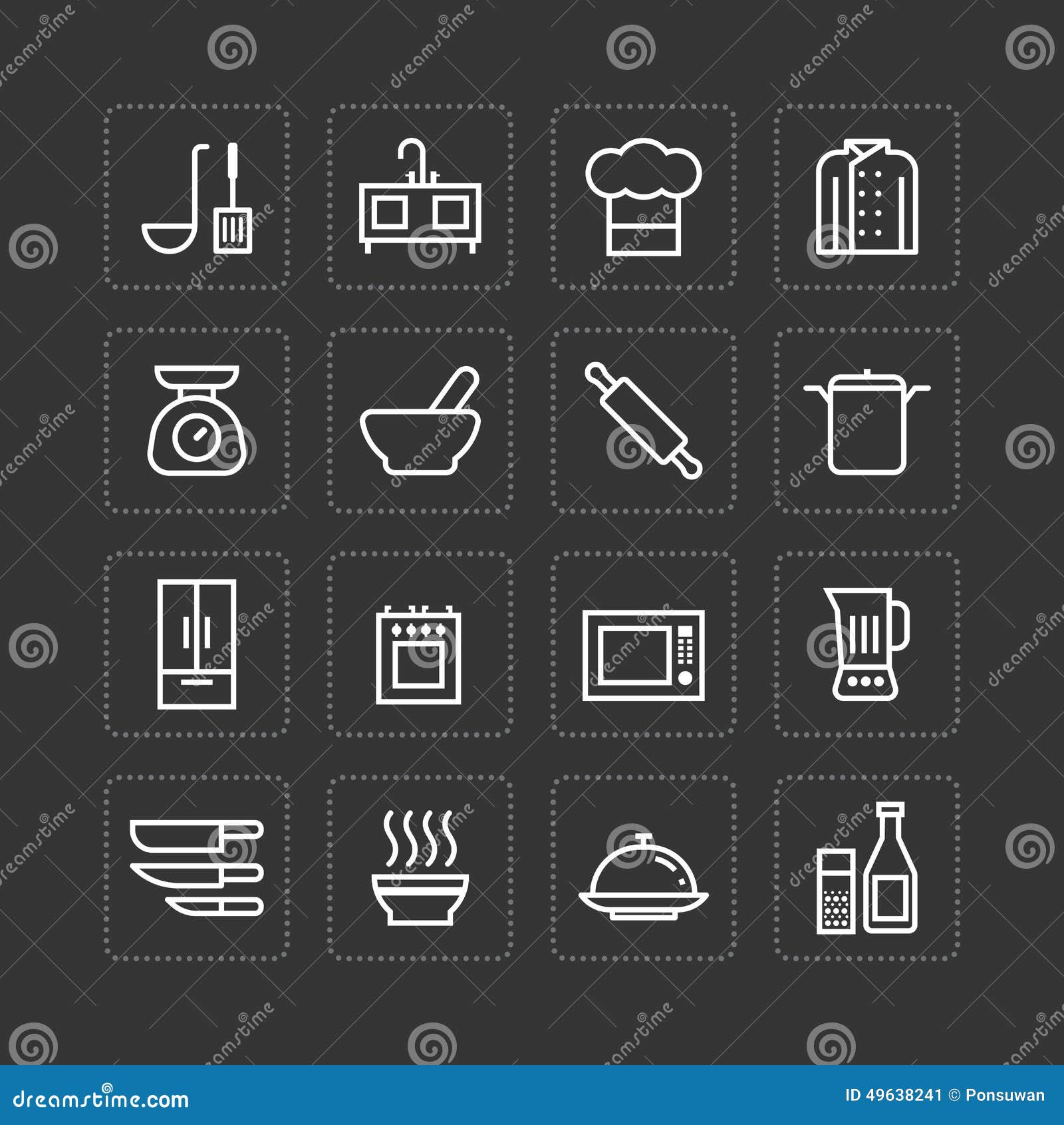 Vector Flat Icons Set of Kitchen Cooking Tools Outline Concept. Stock ...