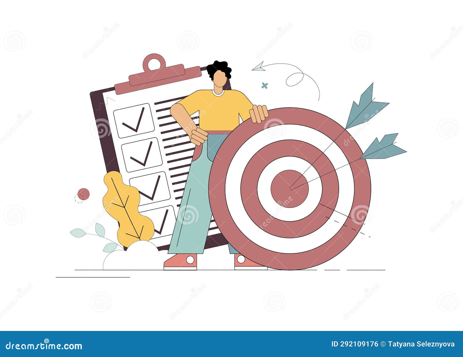 Vector Flat Illustration. Achieving the Goal. Completed Work, Checklist ...