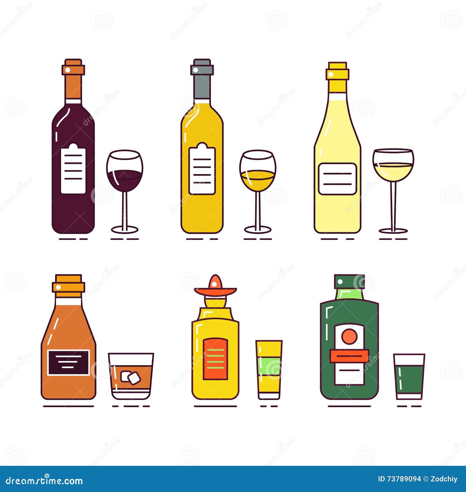 Vector Flat Illustration with Alcoholic Drinks Set Stock Vector ...