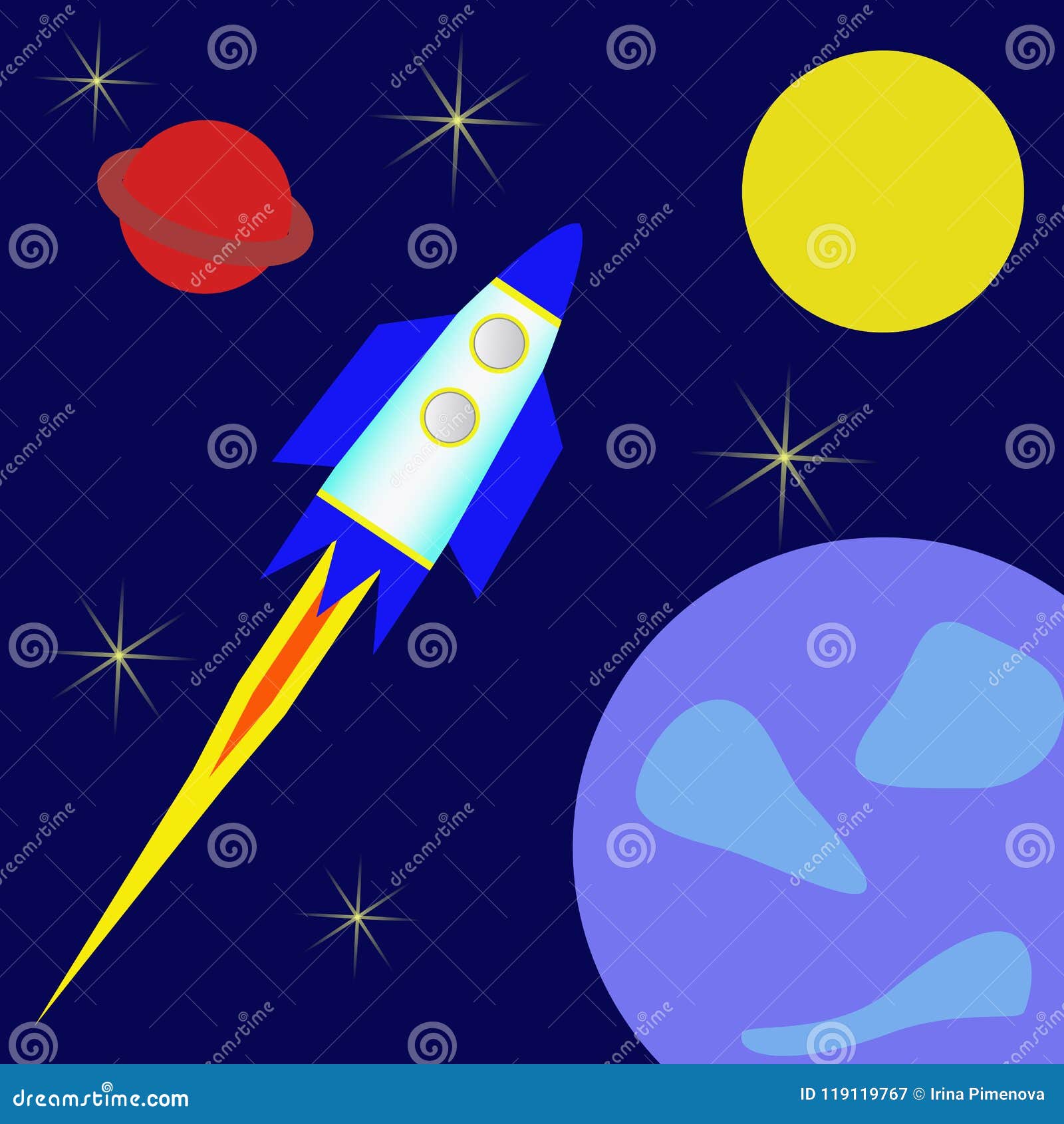 Vector Flat Illustration Cosmos with Planets and Rocket Stock Vector ...