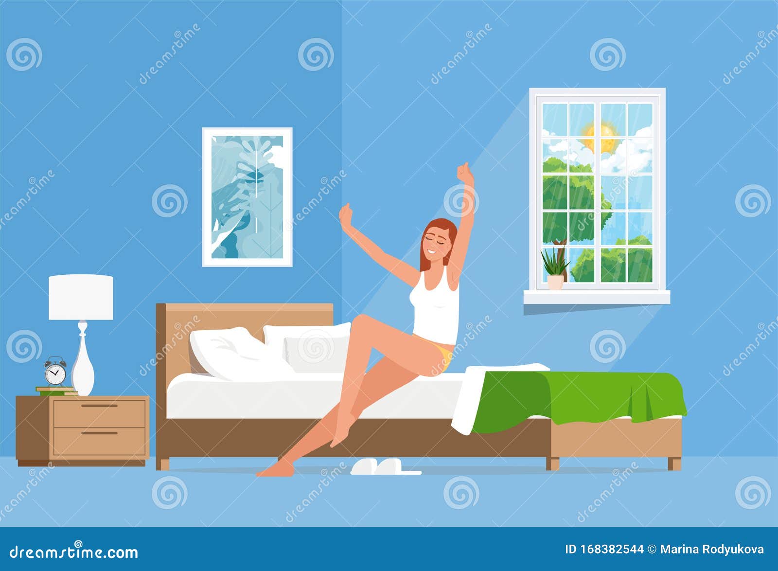 The Girl Wakes Up And Stretches Out Sitting On The Bed Smiling In The