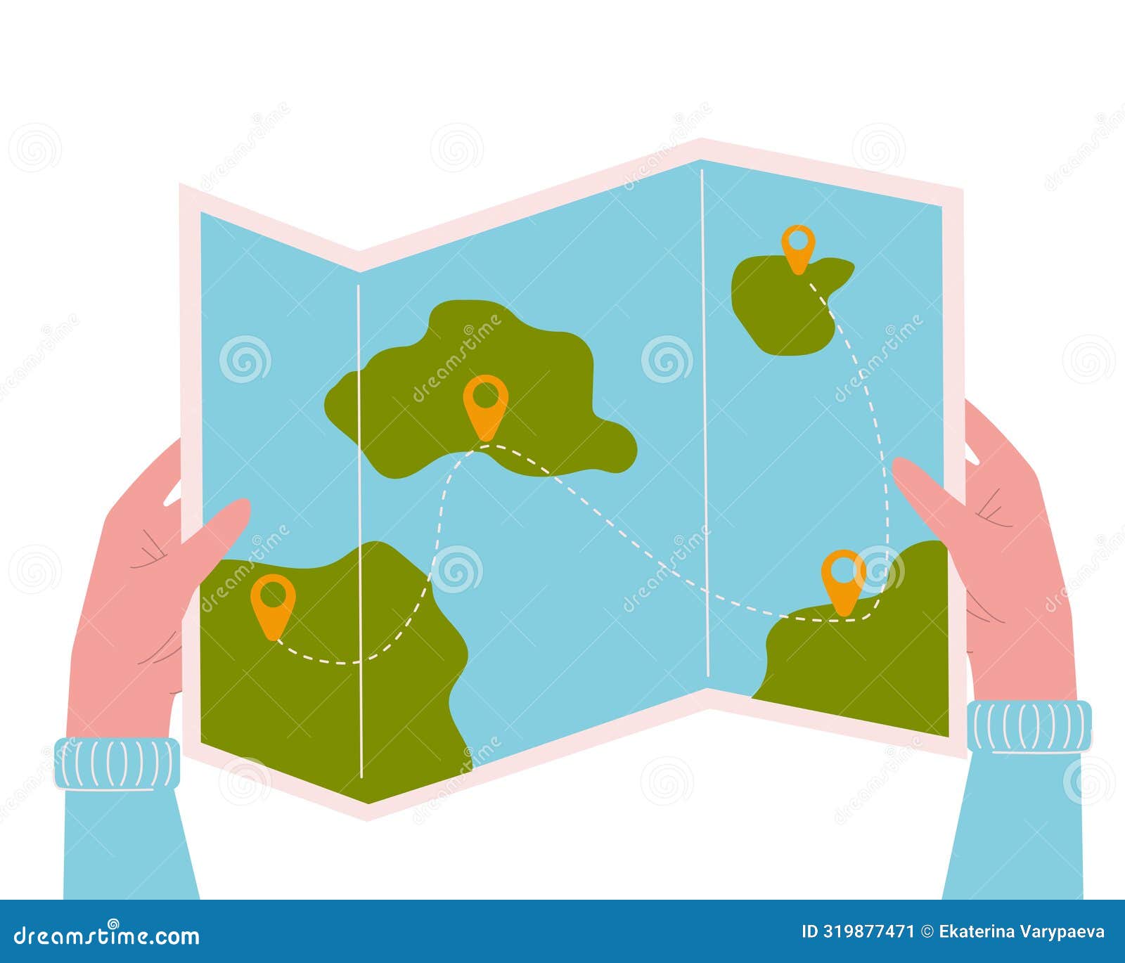 Vector Flat Illustration of Folded Paper Map in Human Hands. Starting ...