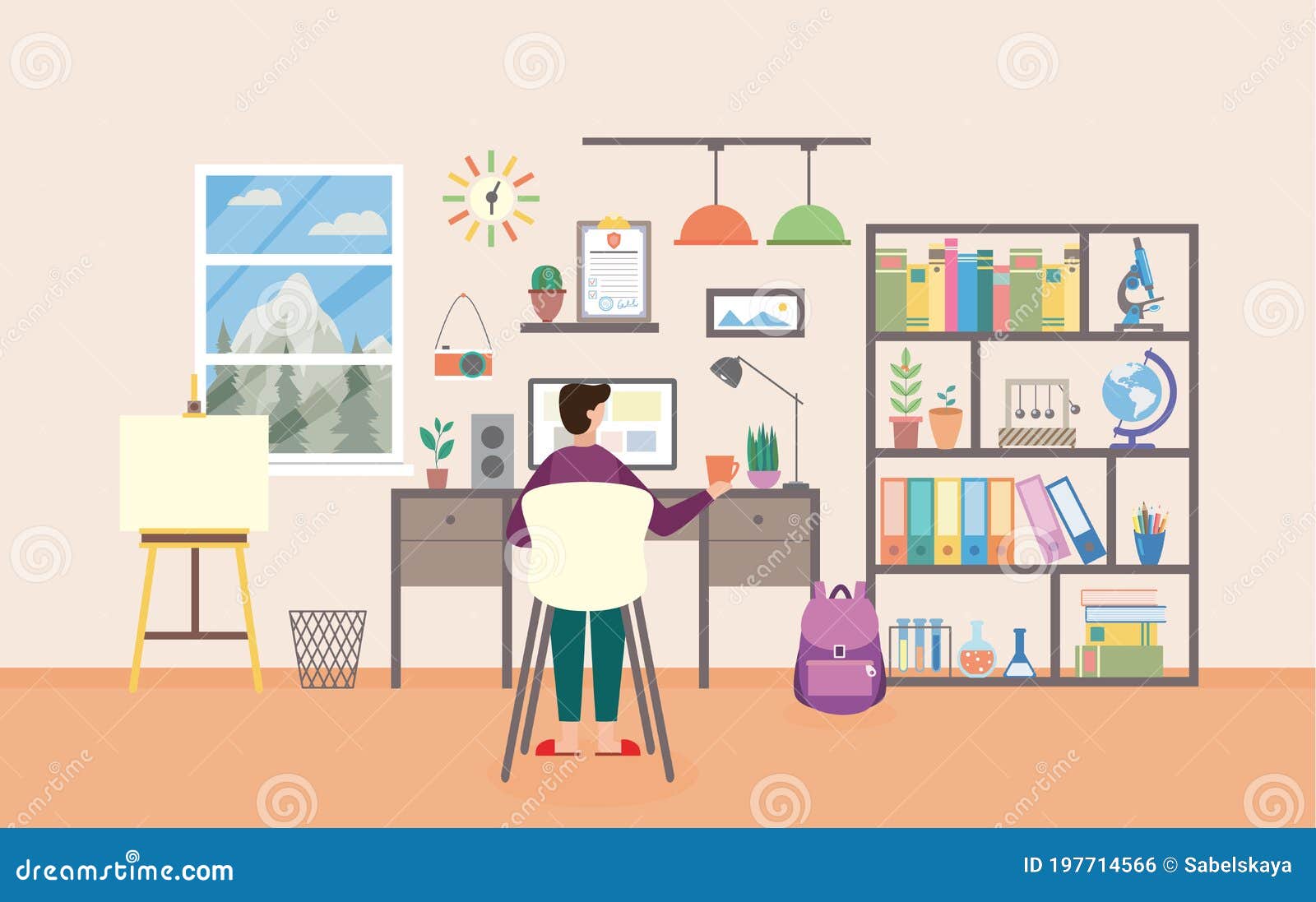 Vector Flat Illustration of Workplace in Study Room with Student or ...