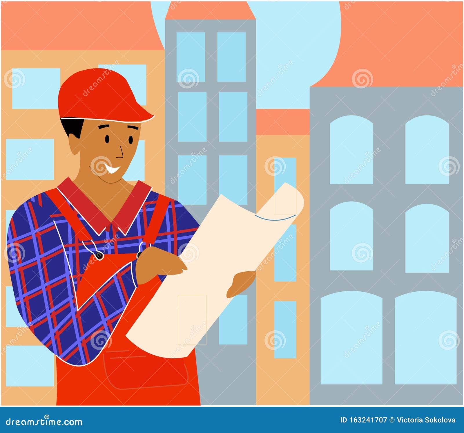 Vector Flat Illustration with Male Engineer Looking into Drawing Sheet ...