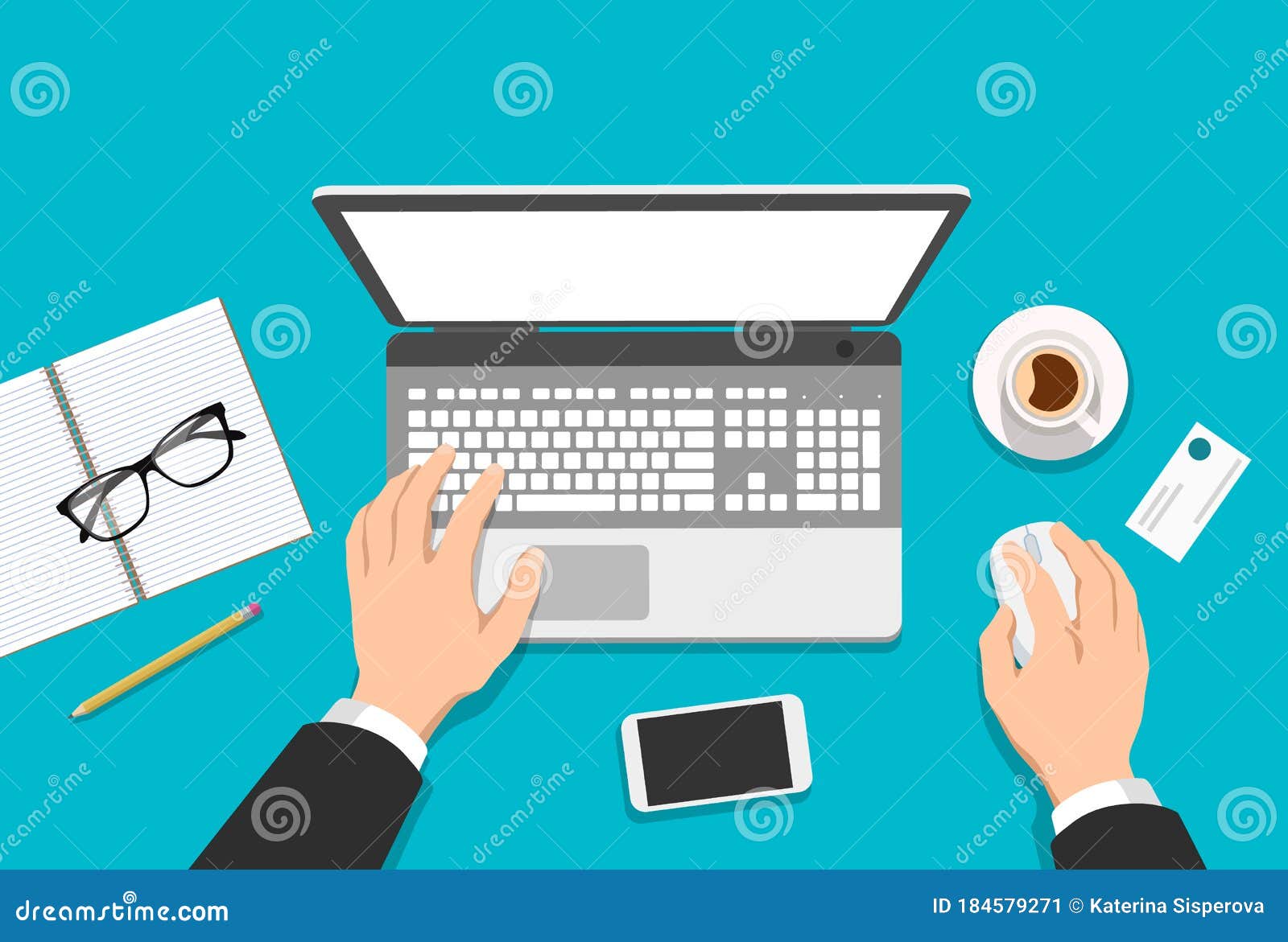 Vector Flat Illustration of Man`s Hands Working on Computer with Coffee ...