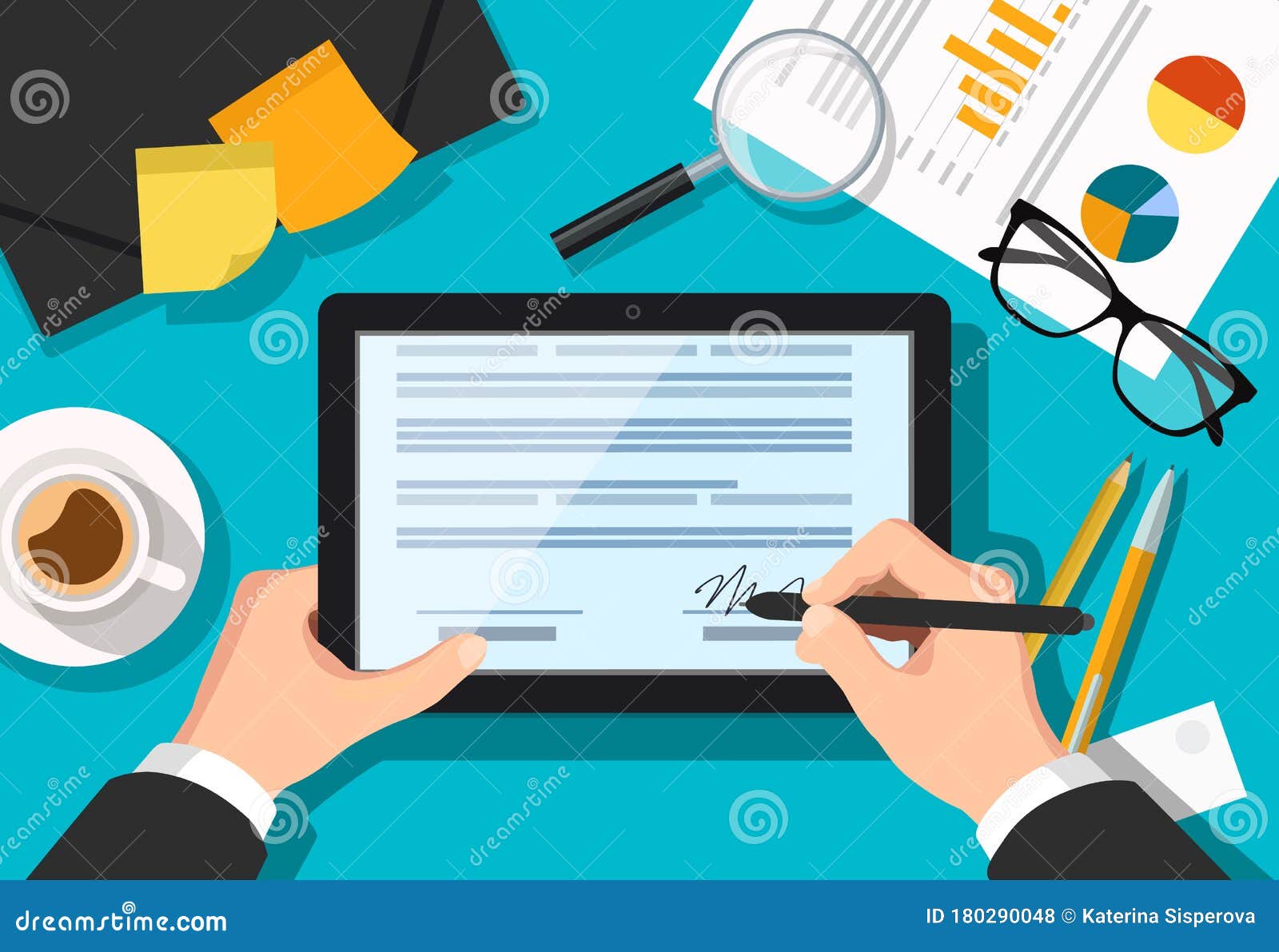 Vector Flat Illustration of Man Signing Online Form on His Tablet with ...