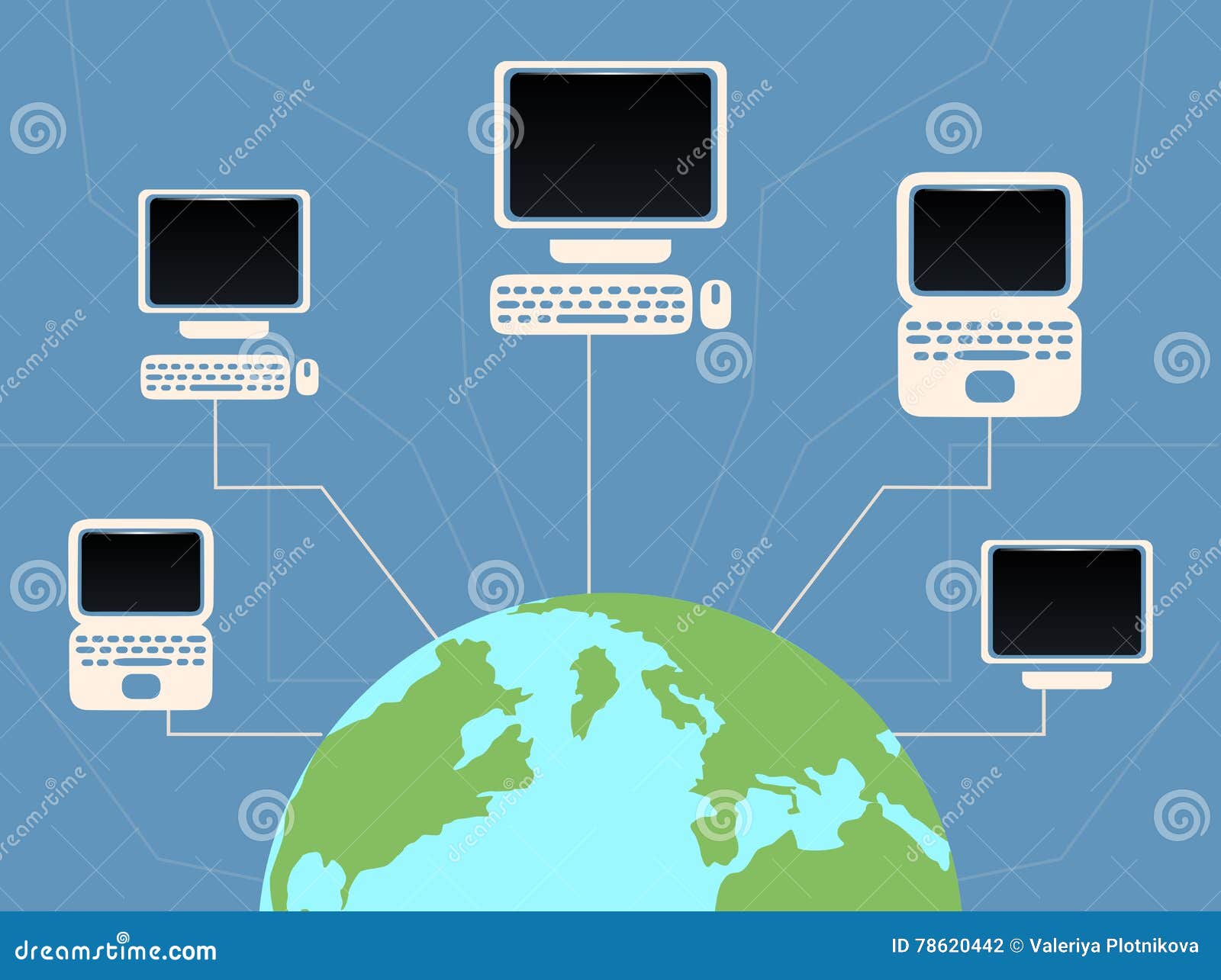 Vector Flat Illustration Planet Earth and Connected Computers Stock ...