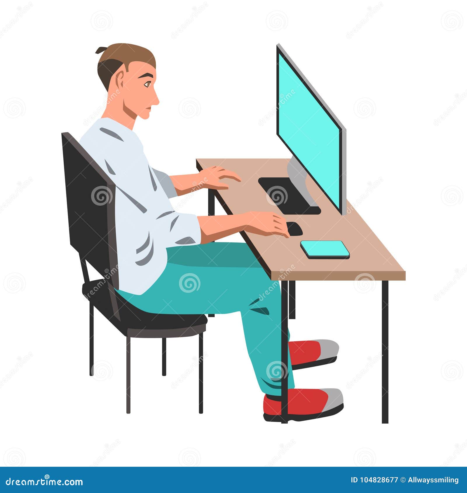 Man Working on His Computer by the Desk Illustration on White ...