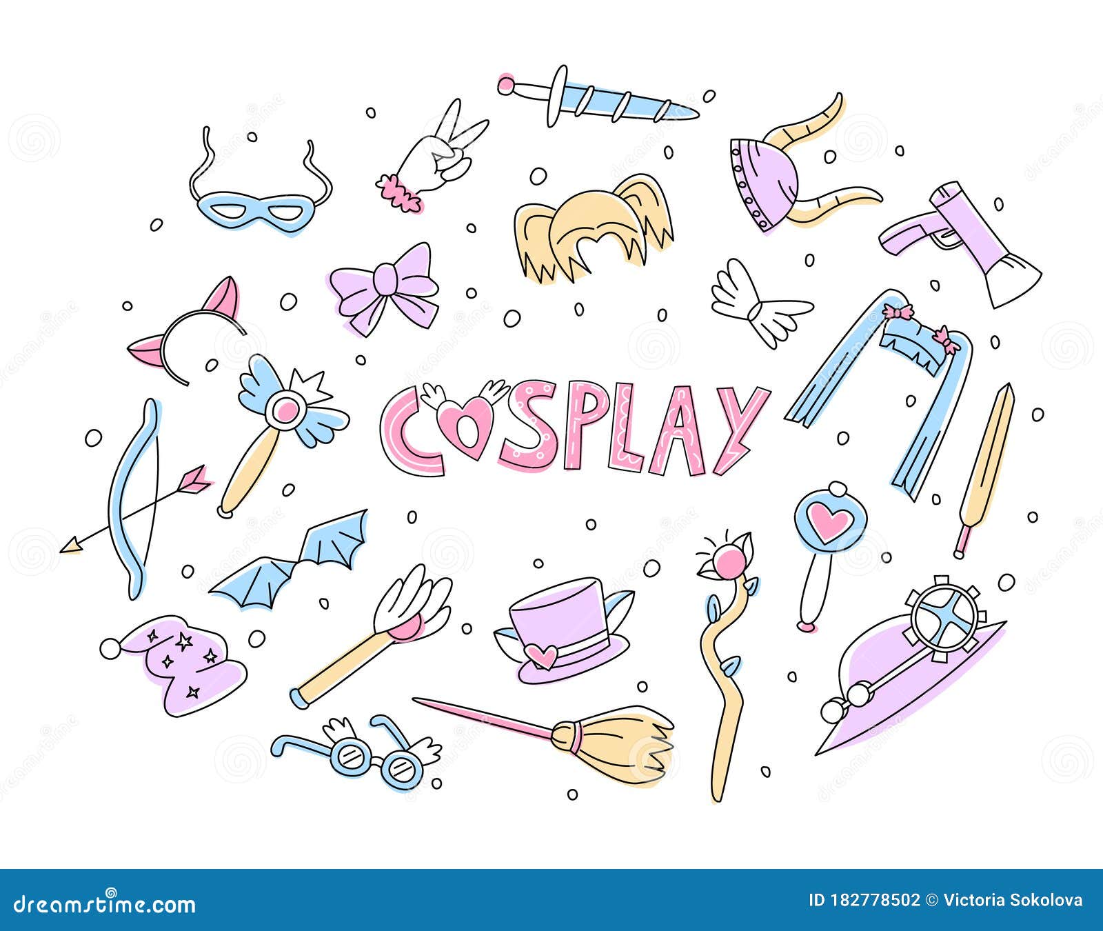 Vector Flat Illustration with Set Elements, Attributes Cosplay on ...