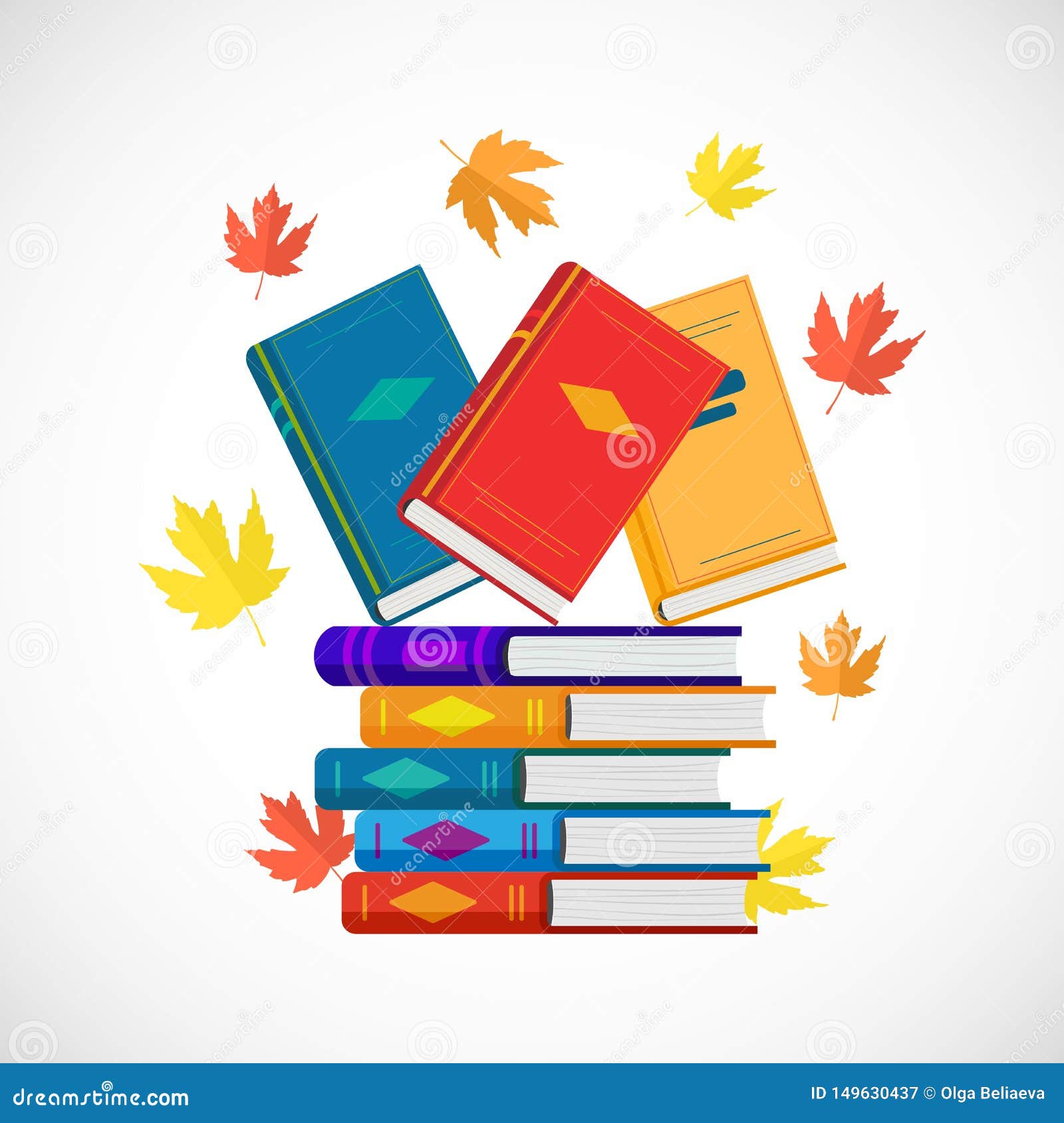 Vector Flat Illustration of Stack of Books with Autumn Leaves. Stock ...
