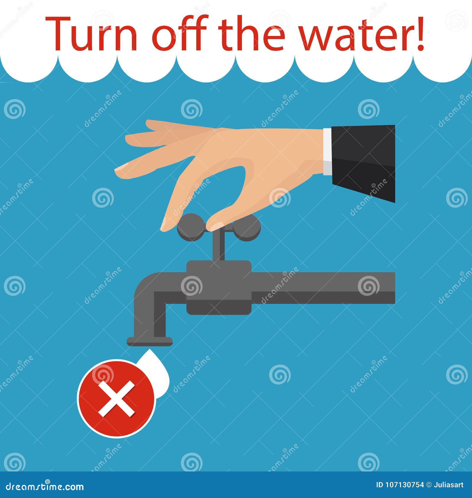 Turn Off The Water With Man S Hand Isolated On Background. Vector Flat ...