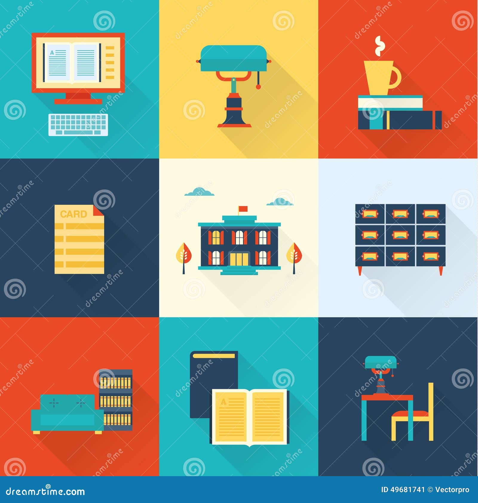 Vector flat library icons stock vector. Illustration of homework - 49681741