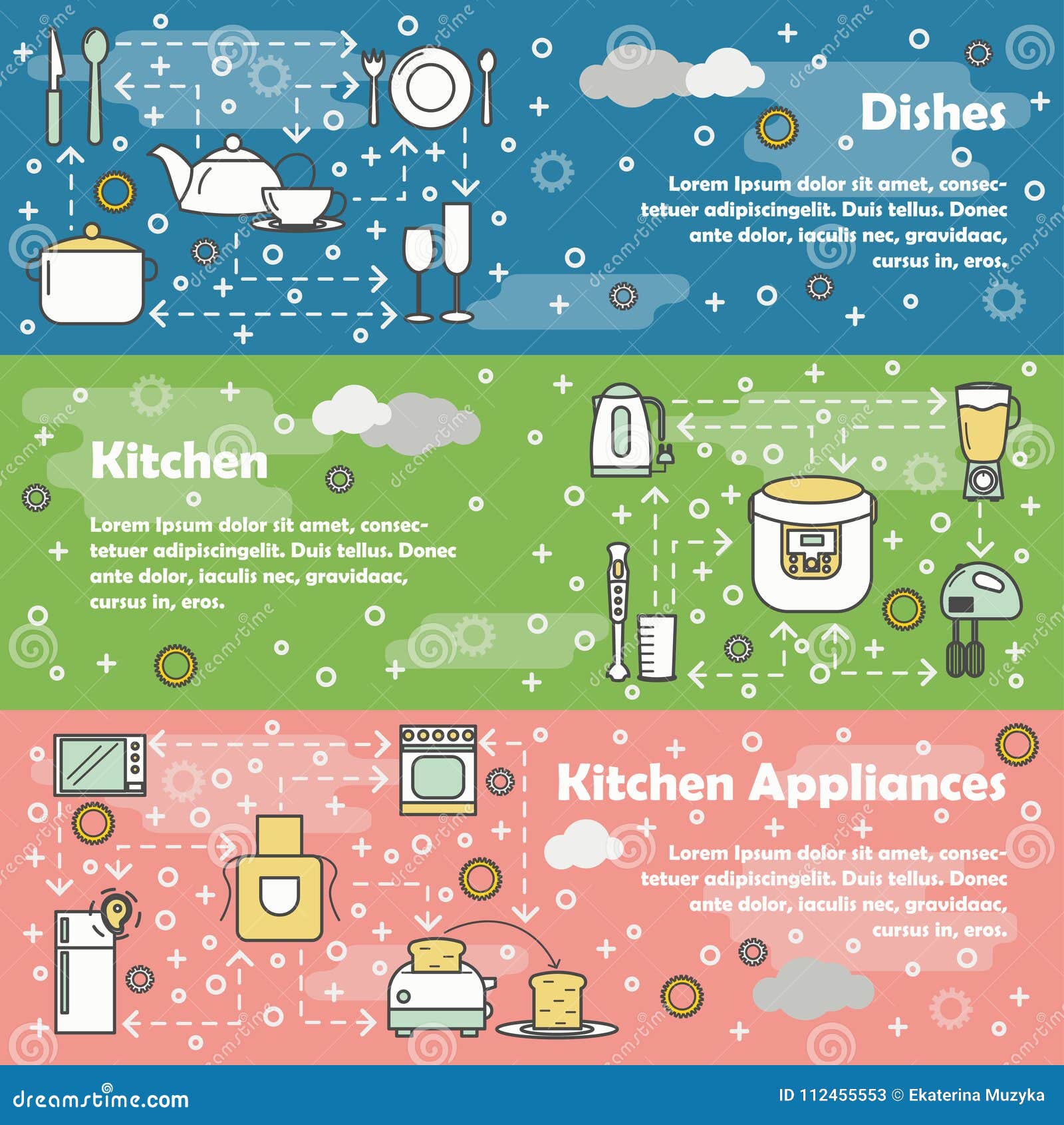 Vector Flat Line Art Kitchen Banner Set Stock Vector - Illustration of ...