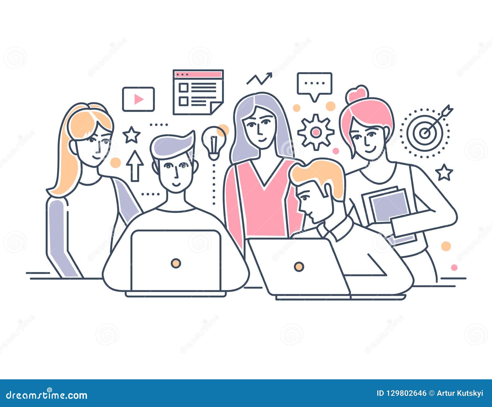 Vector Flat Line Design Banner Concept of Team and Teamwork. Office ...