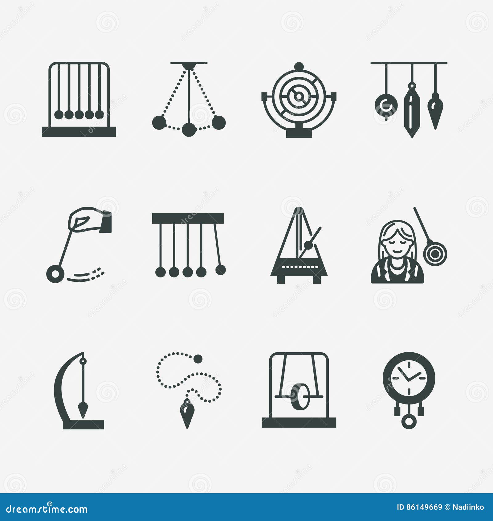 Vector Flat Line Icon of Pendulum Types. Newton Cradle, Metronome ...