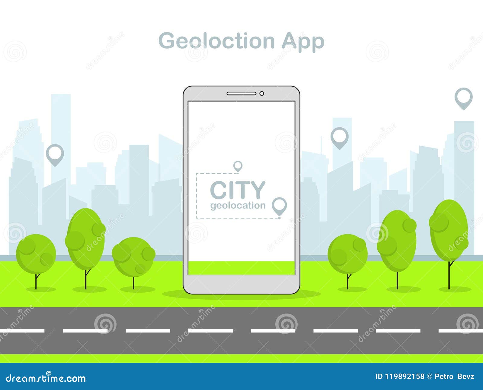 Vector Flat Linear Illustration, Mobile Geolocation App, Modern City ...