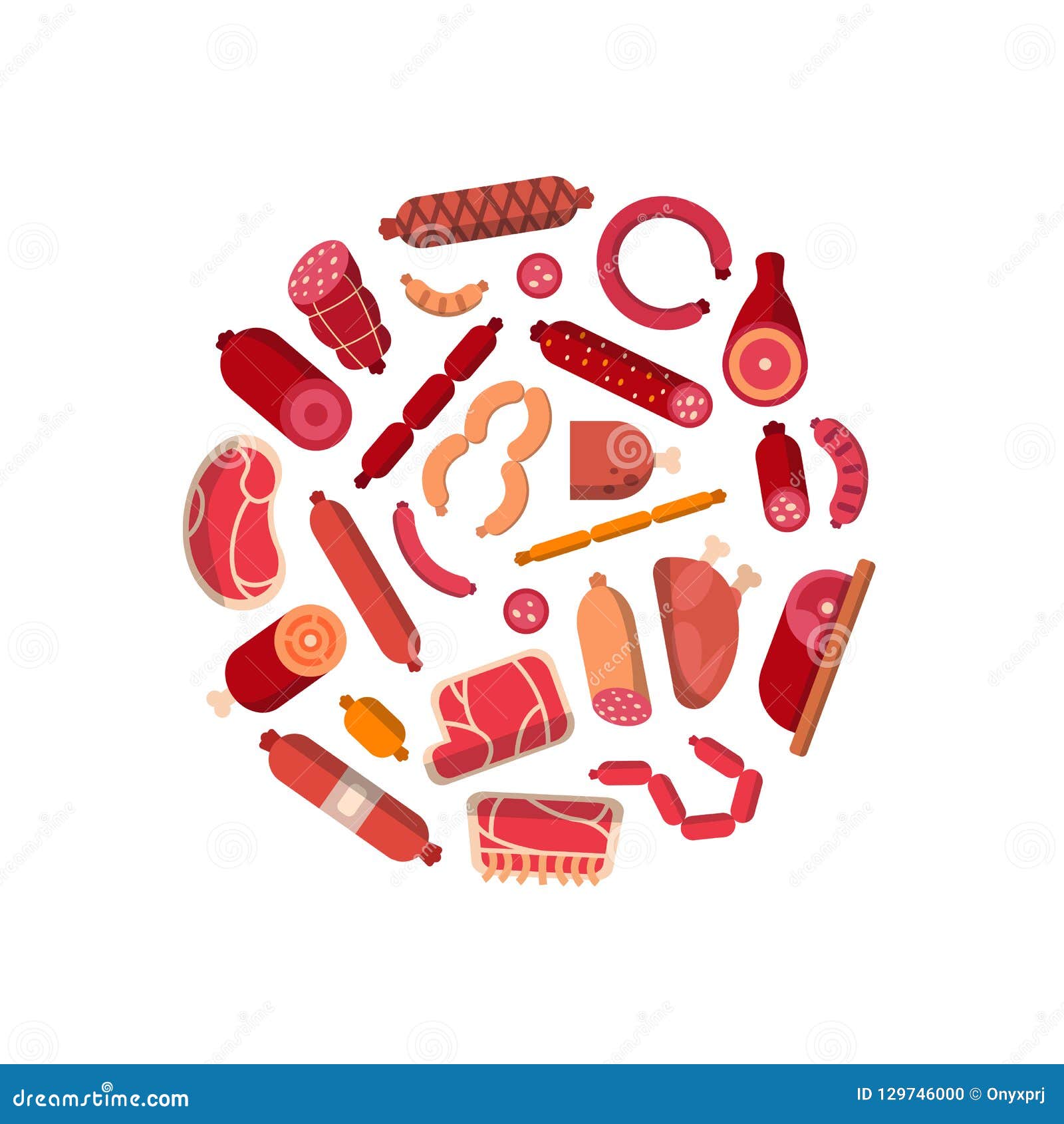 Vector Flat Meat and Sausages Icons in Circle Shape Illustration Stock ...
