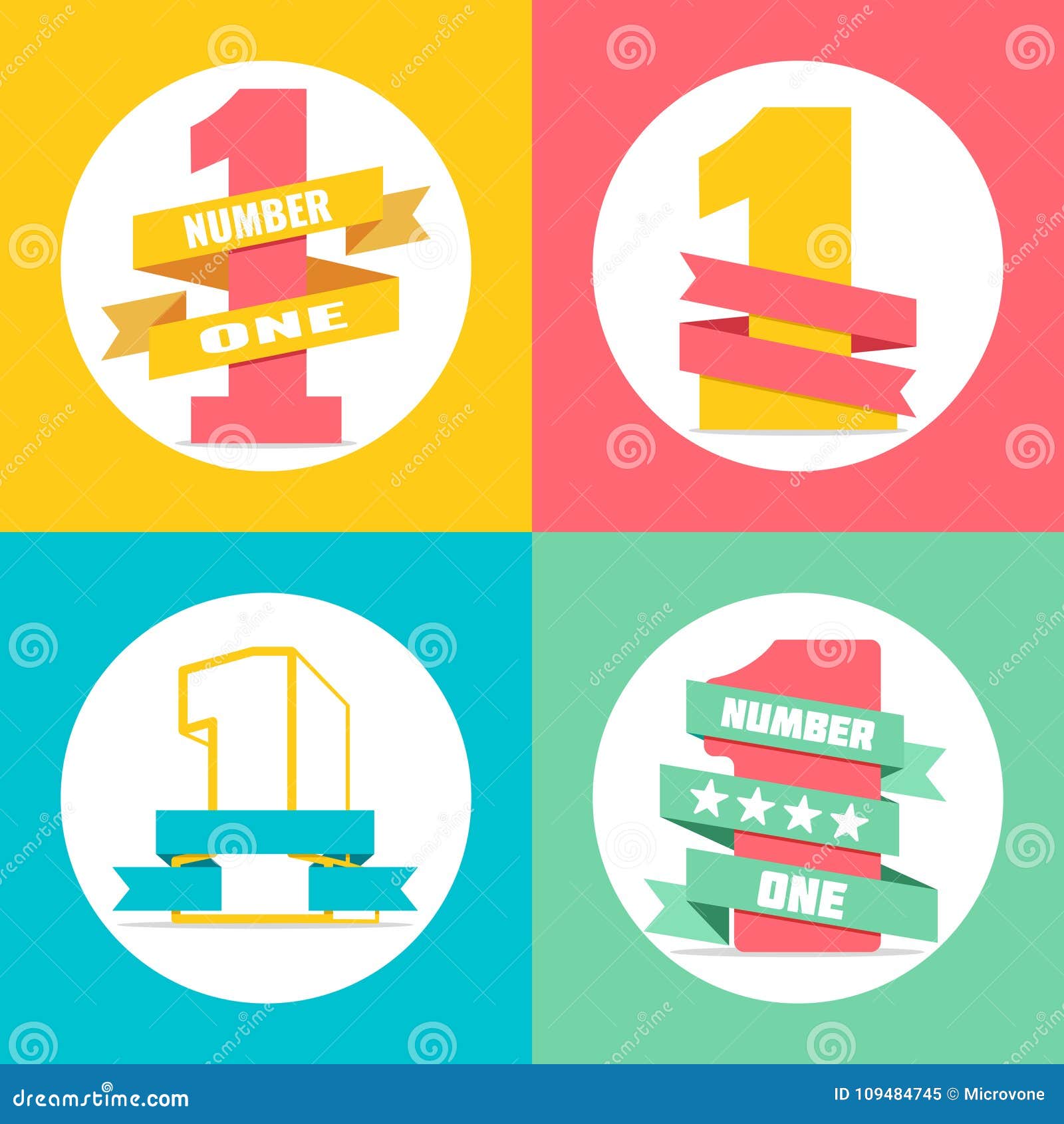 Vector Flat Number One with Ribbon Set Stock Vector - Illustration of ...