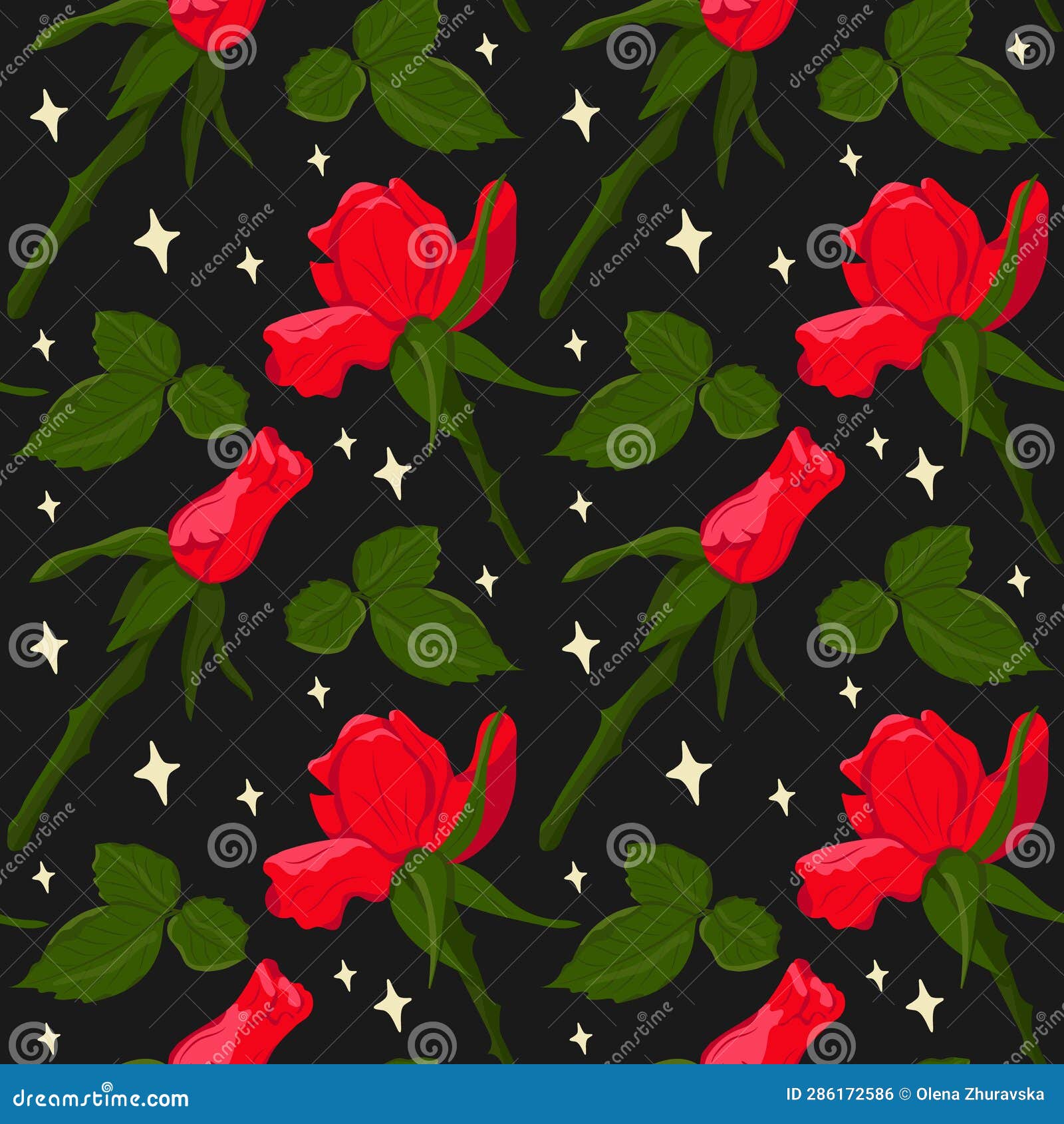 Vector Flat Red Roses Seamless Pattern. Dark Theme Stock Illustration ...