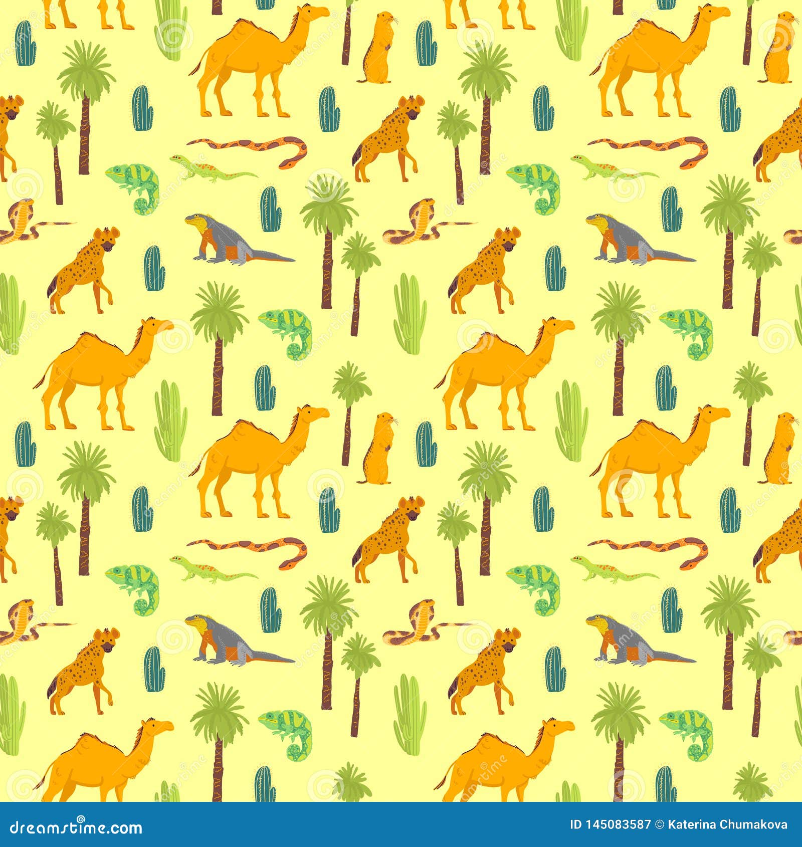 Vector Flat Seamless Pattern with Hand Drawn Desert Animals, Reptiles ...
