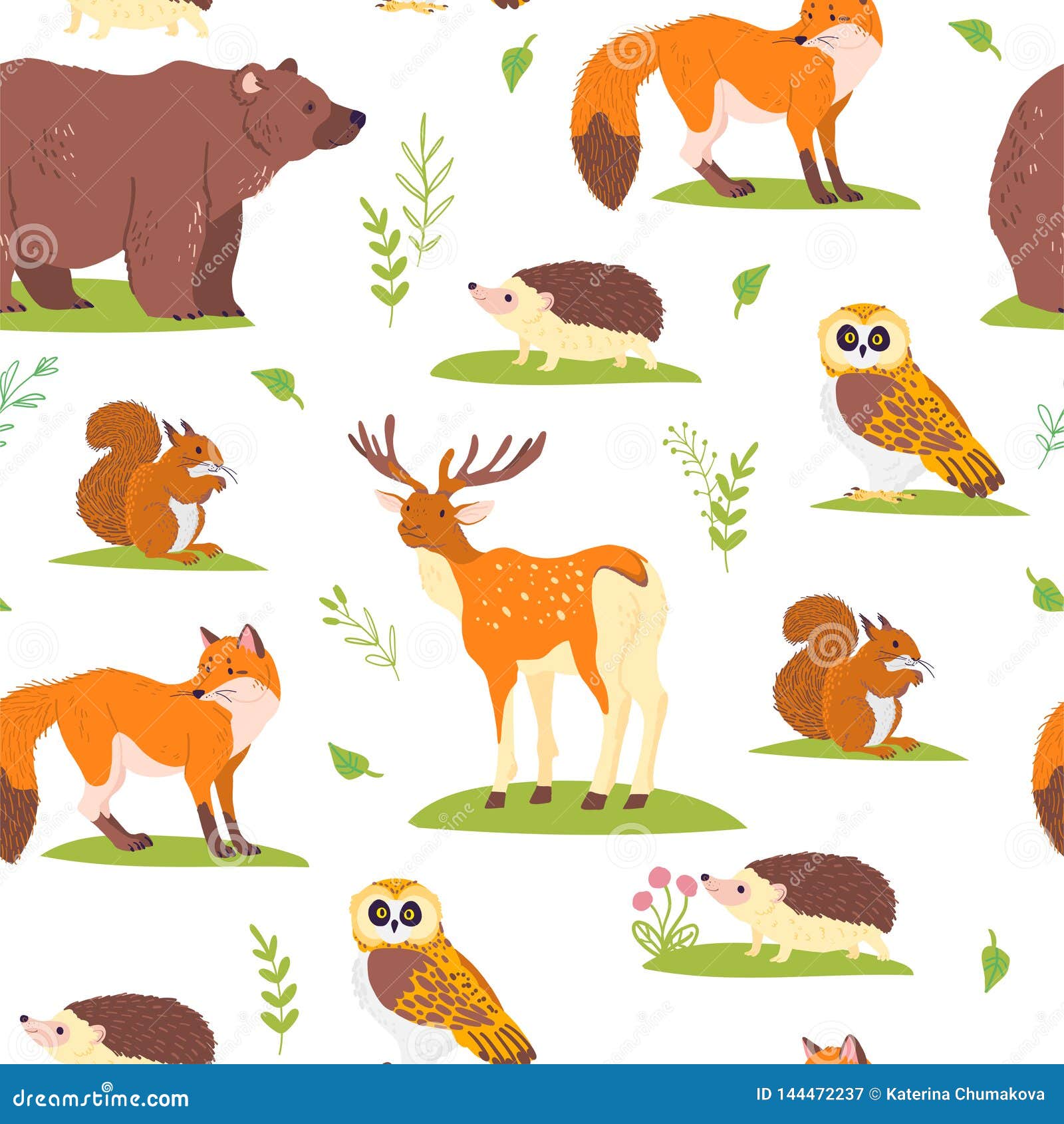 Vector Flat Seamless Pattern with Wild Forest Animals, Birds and Floral ...