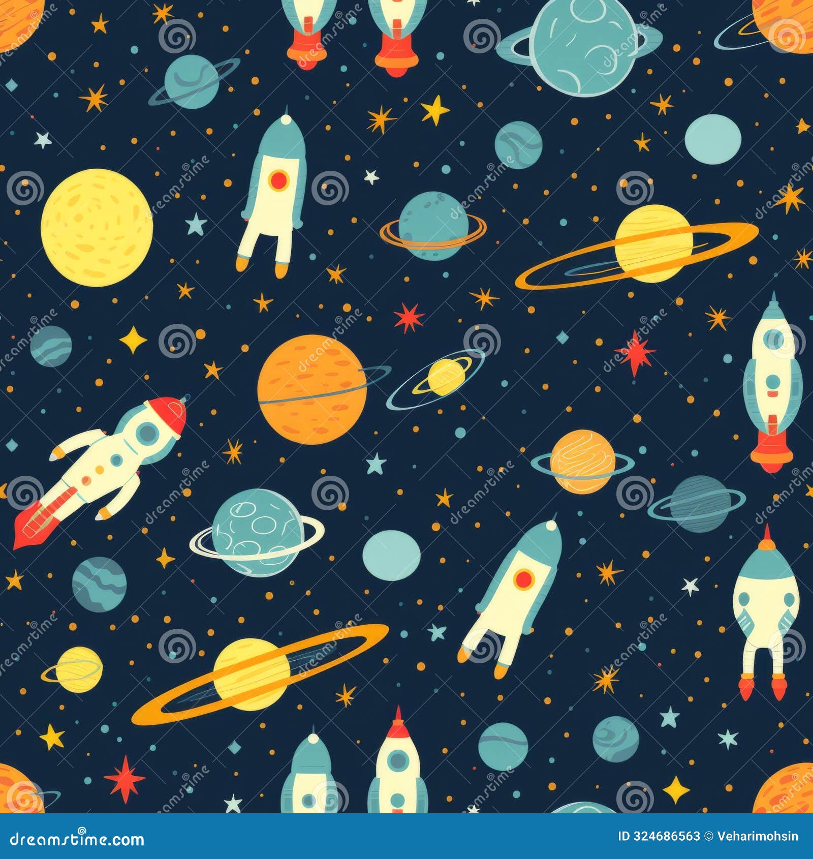 Vector Flat Space Seamless Pattern Background - Hand Drawn Space Themed ...