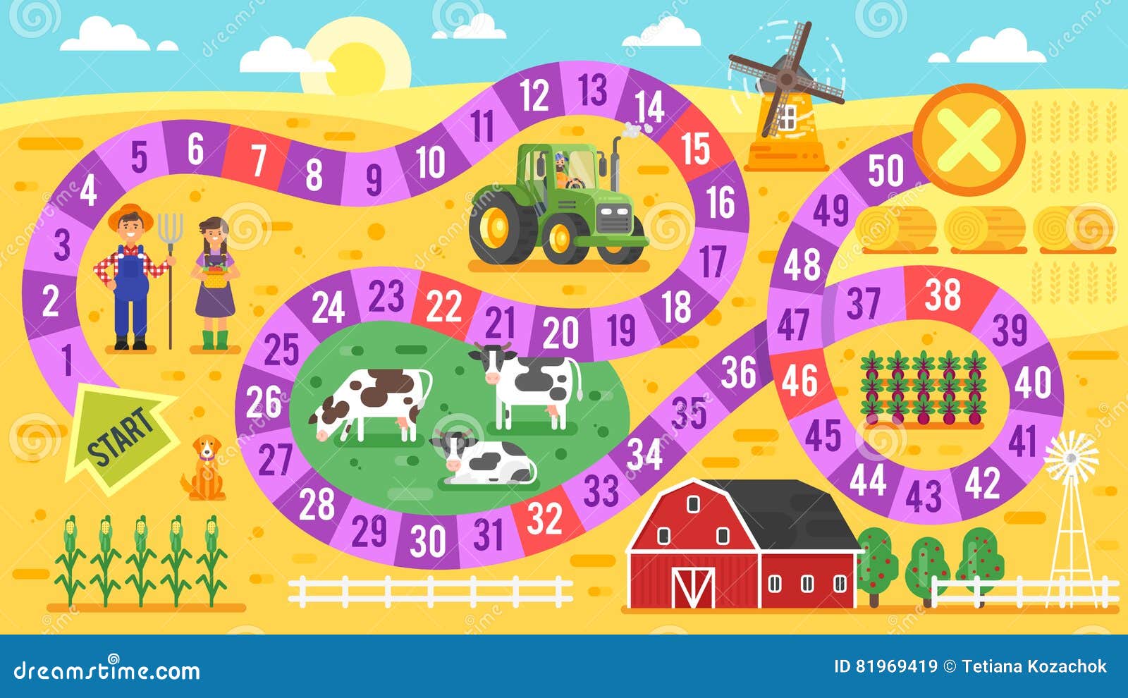 Board Game With A Block Path On A Yellow Park With Billboards. Cartoon ...