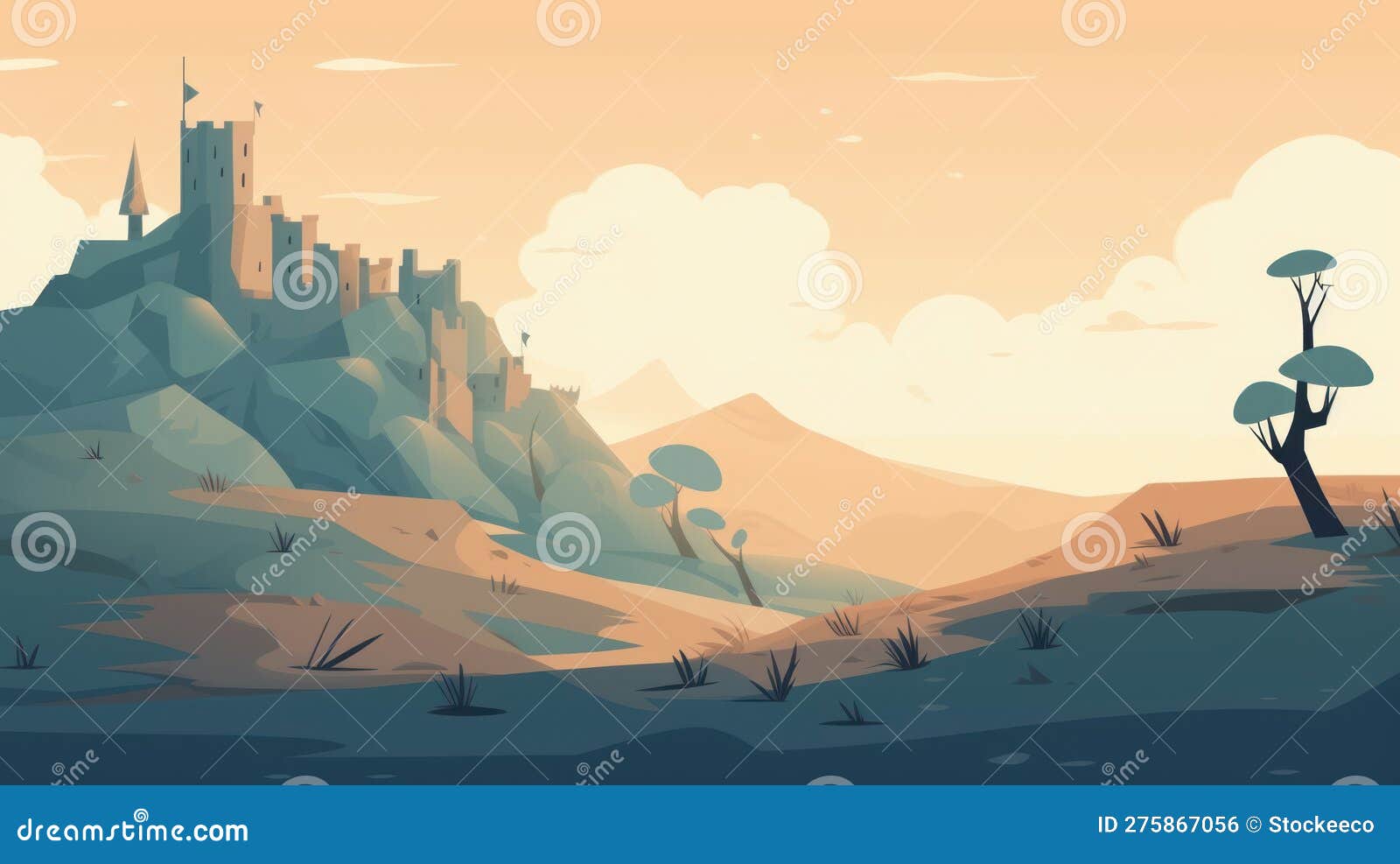 Vector Flat Style Illustration with Medieval Ground and Sky Theme Stock ...