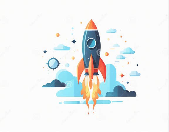 Vector Flat Style Illustration of Rocket Flying Up with Rocket and ...