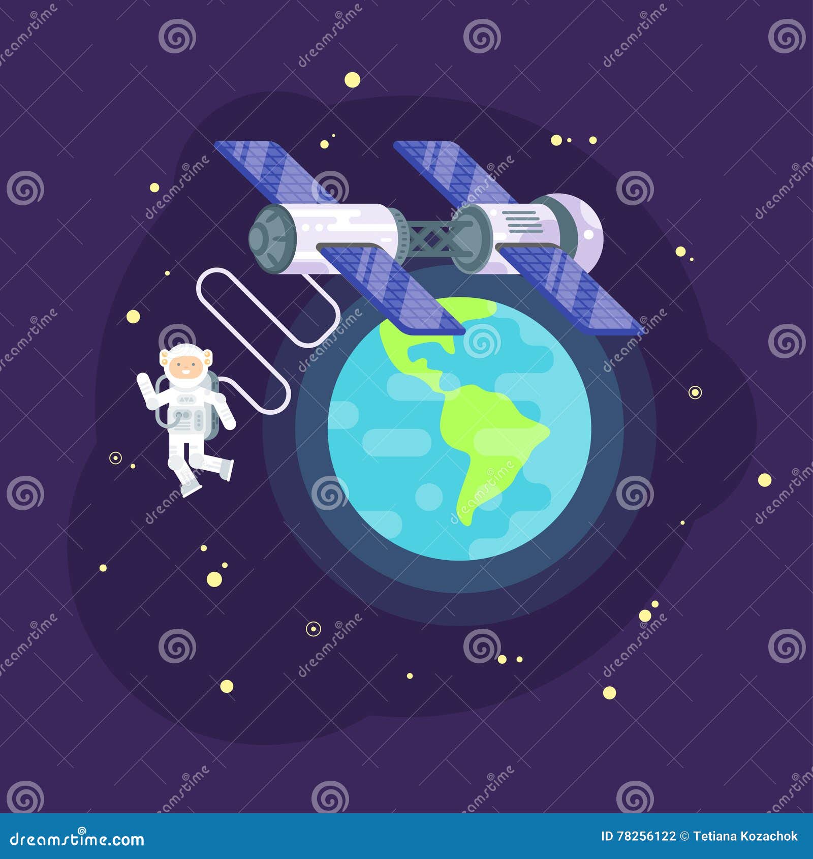 Vector Flat Style Illustration of Space Station and Astronaut Stock ...