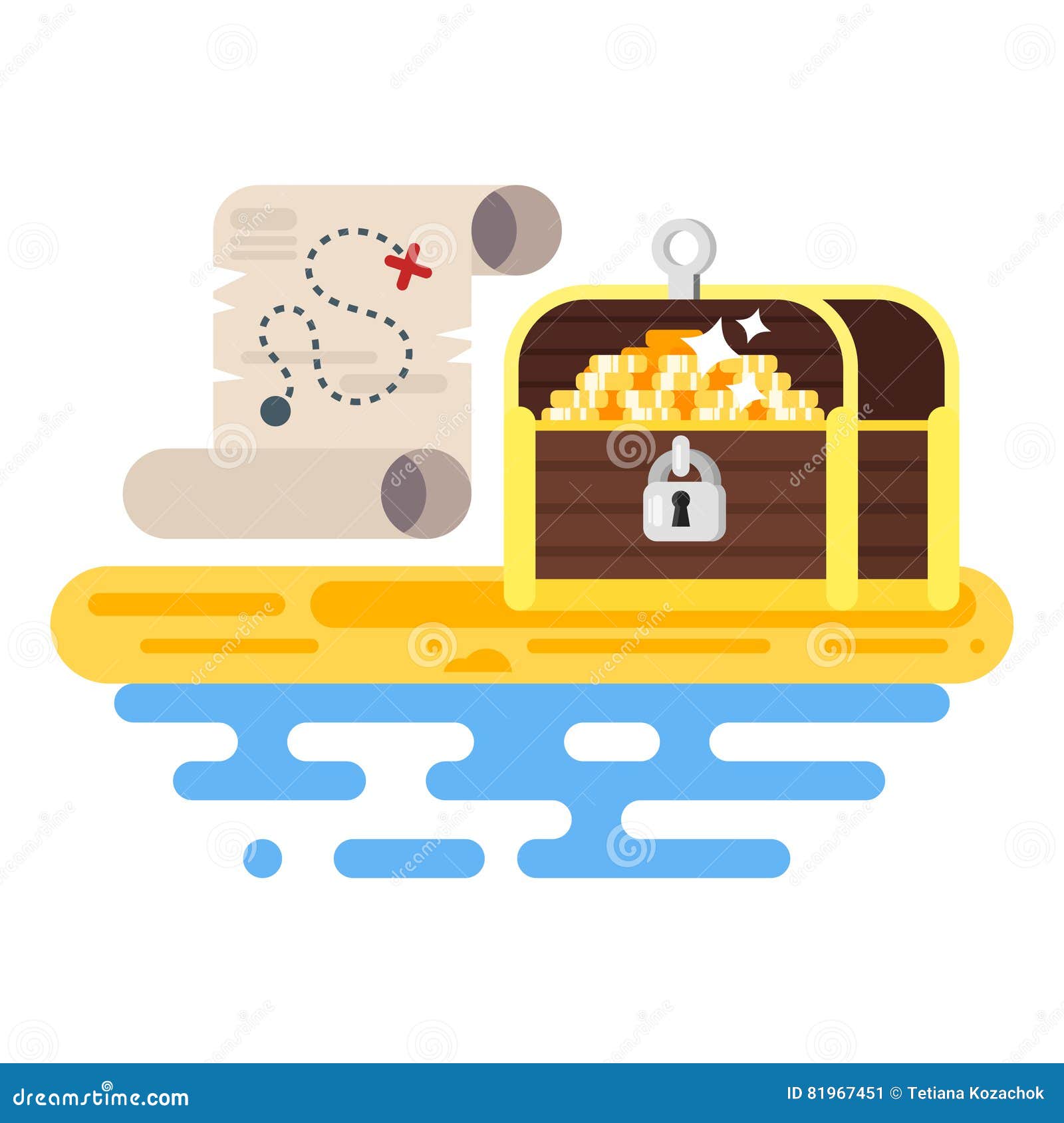 Vector Flat Style Illustration of Treasure Chest and Map. Stock Vector ...