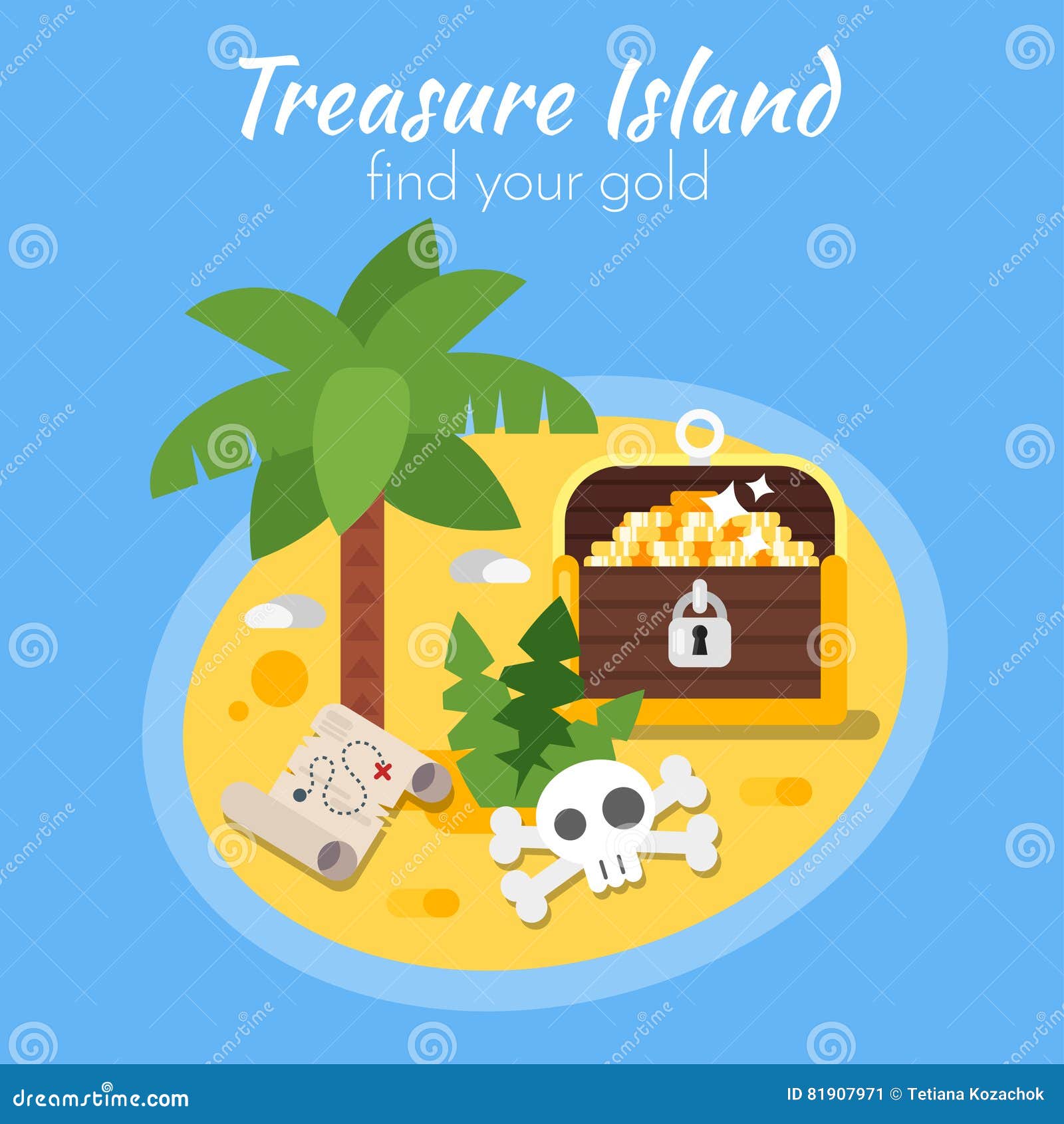 Vector Flat Style Illustration of Treasure Island and Map. Stock Vector ...