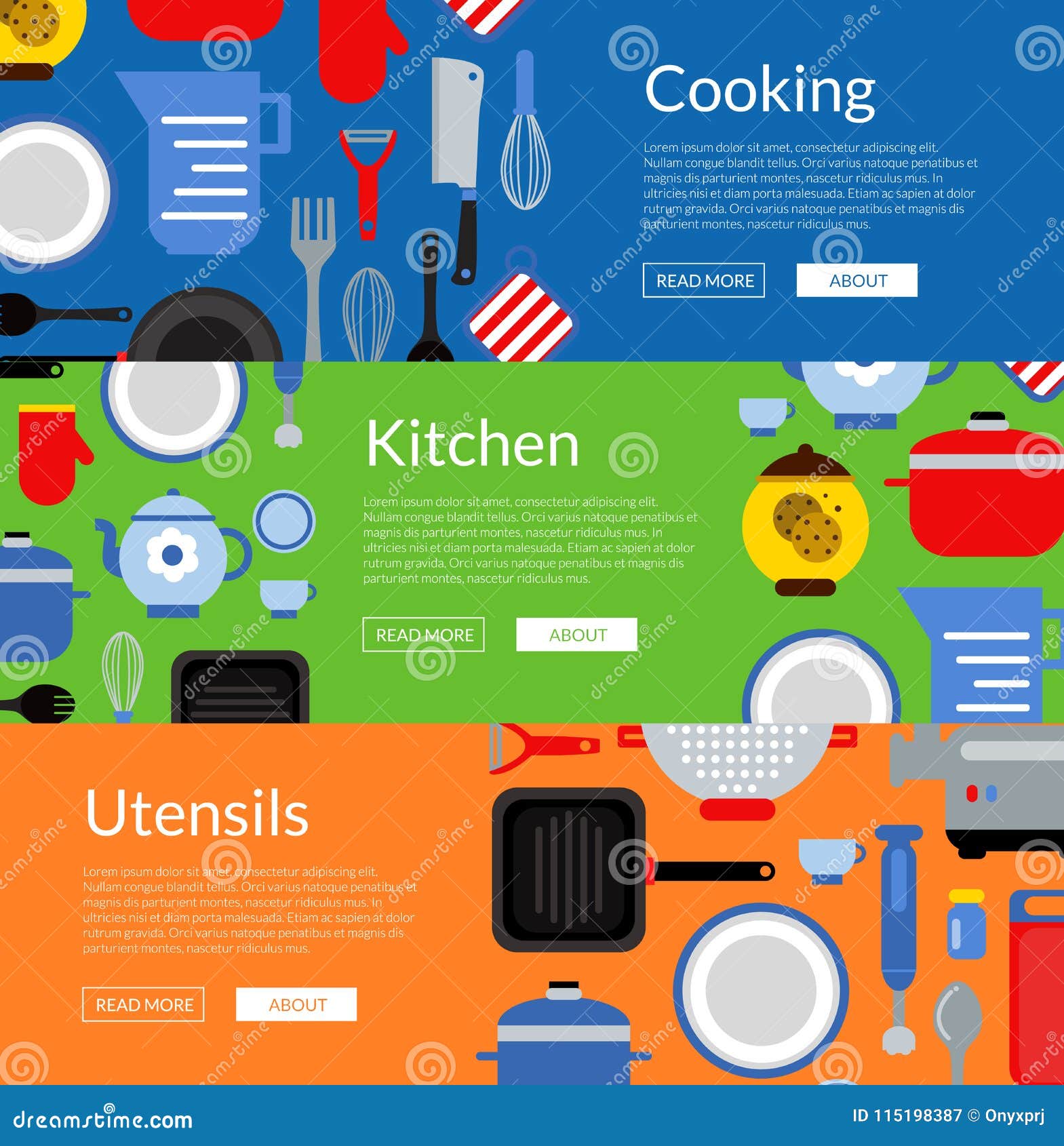 Vector Flat Style Kitchen Utensils Horizontal Web Banners Illustration ...