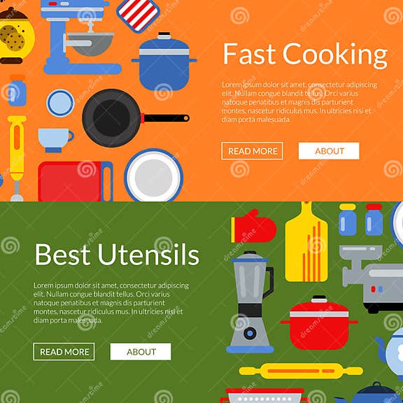 Vector Flat Style Kitchen Utensils Banners Illustration Stock Vector ...