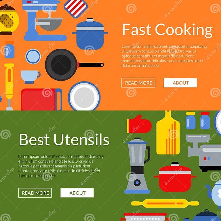 Vector Flat Style Kitchen Utensils Banners Illustration Stock Vector ...