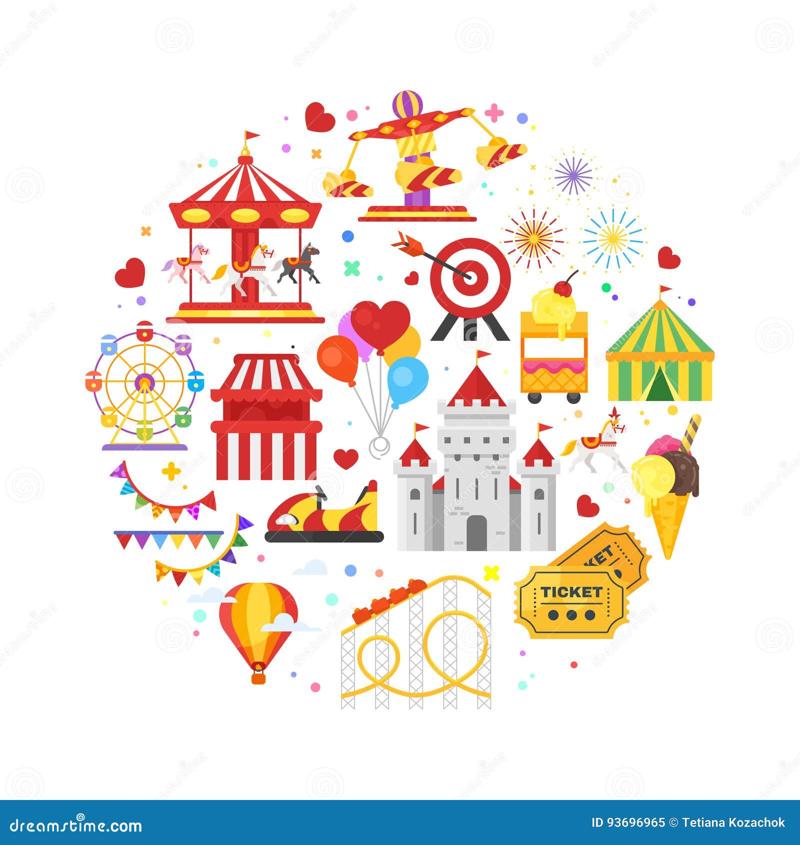 Vector Flat Style Round Composition of Amusement Park Symbols Stock ...