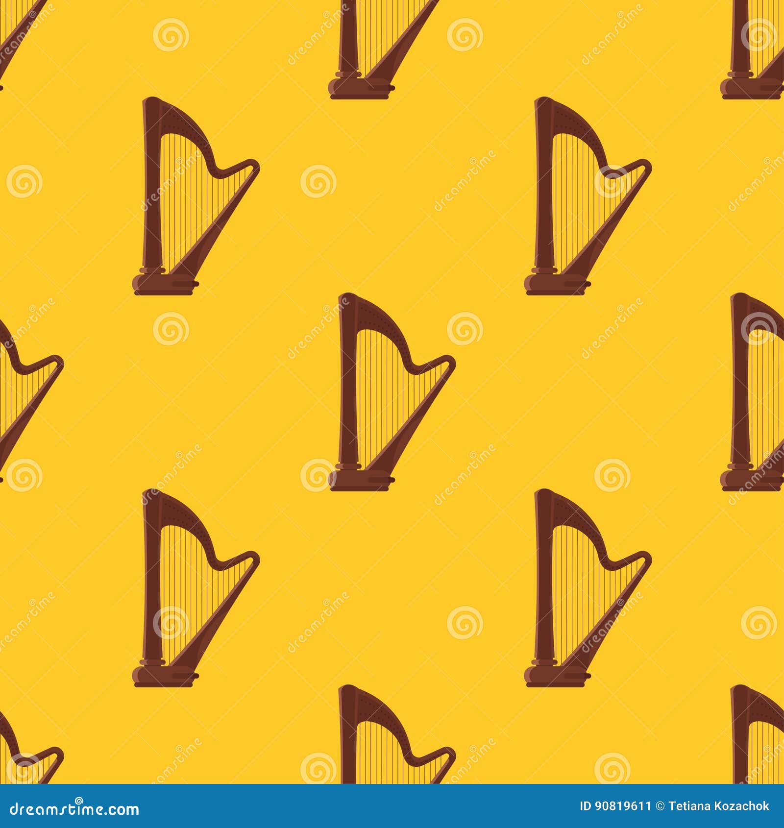 Vector Flat Style Seamless Pattern with Antique Musical Instrument Harp ...