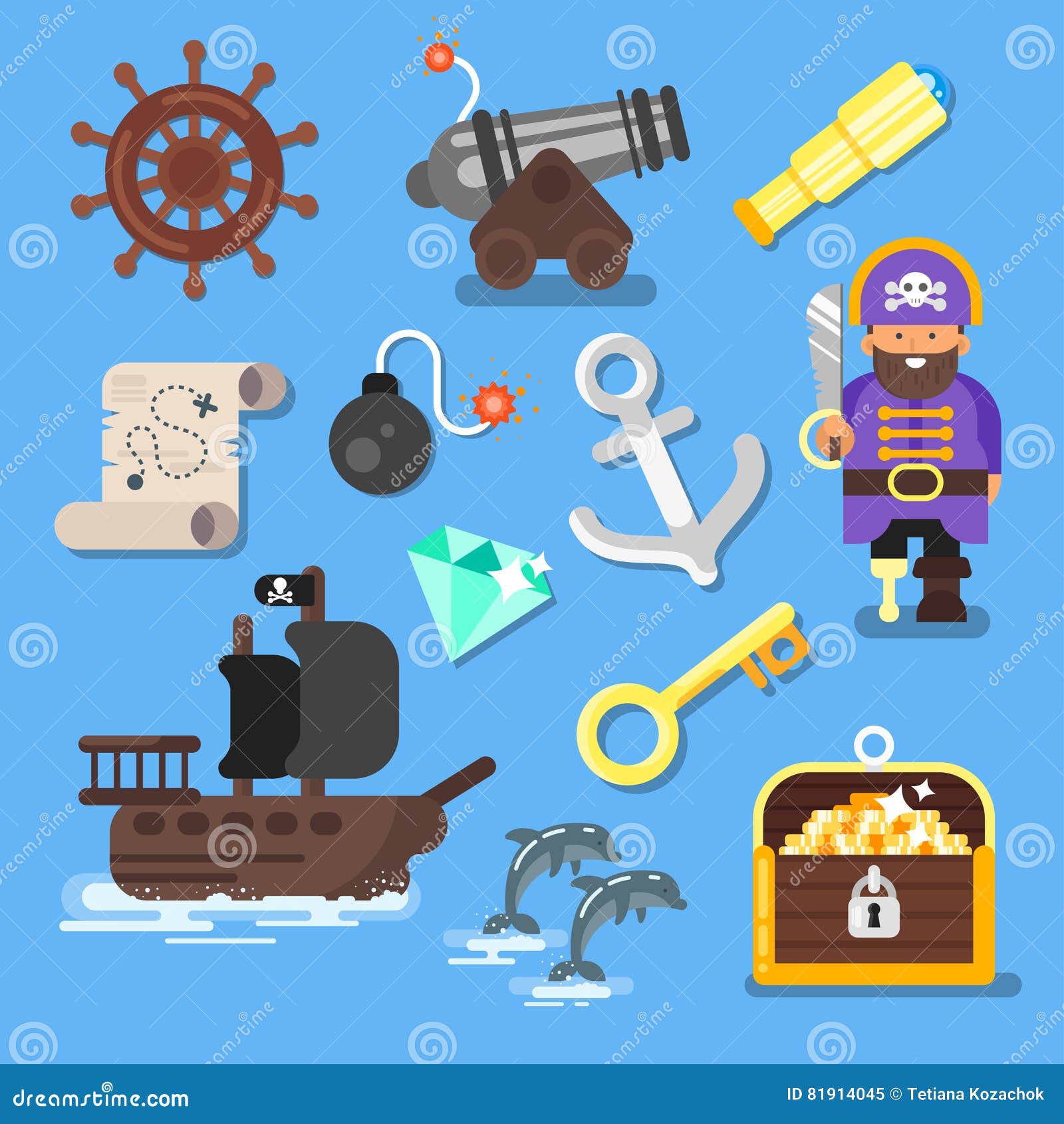 Vector Flat Style Set of Icon: Pirate Ship, Treasure Chest, Map. Stock ...
