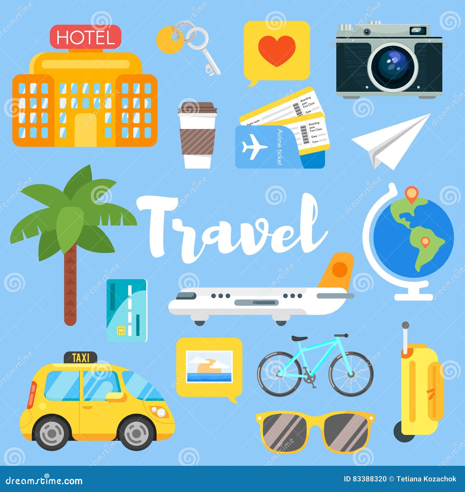 Vector Flat Style Set of Travel Objects. Stock Vector - Illustration of ...