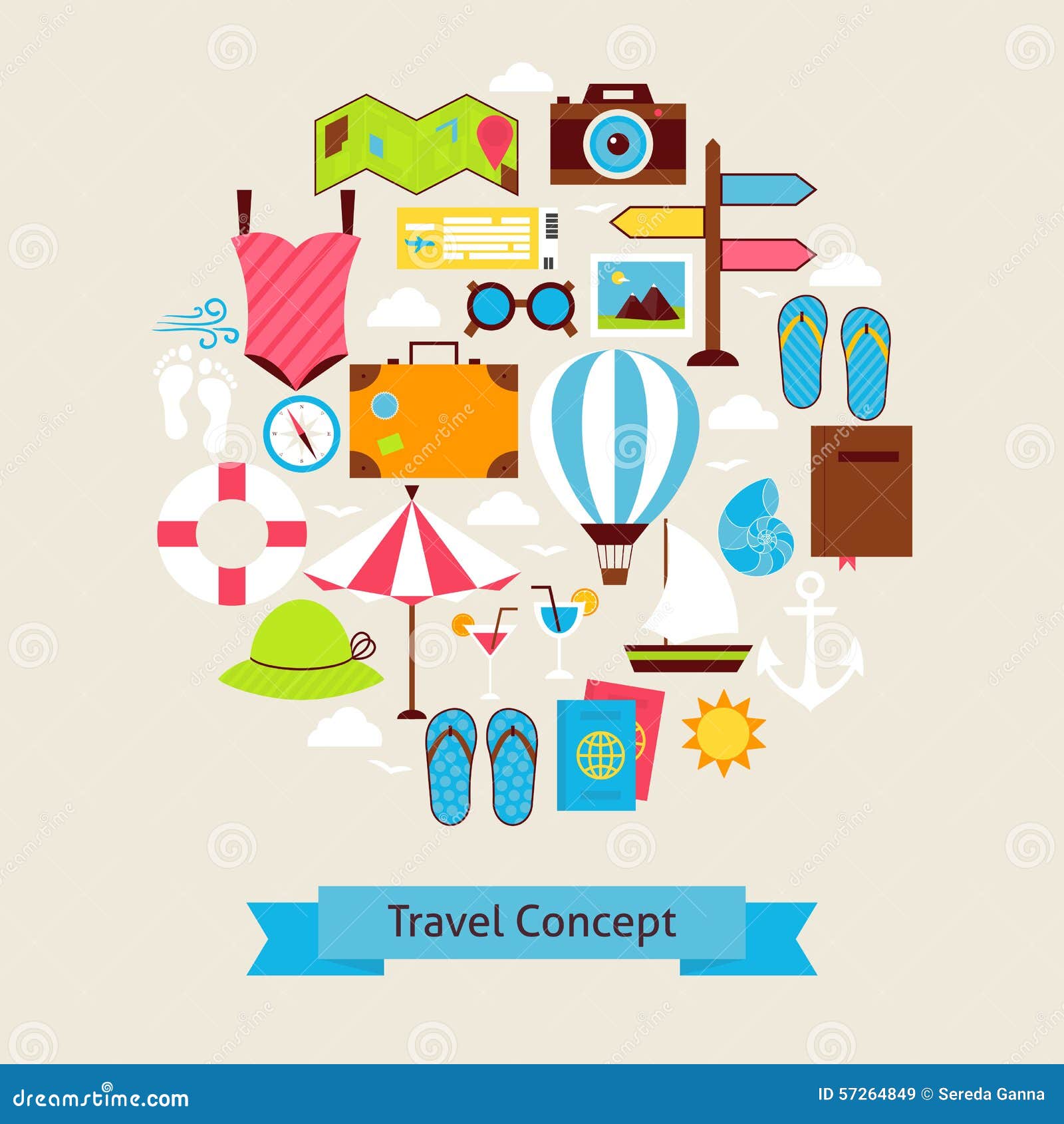 Vector Flat Style Summer Vacation and Travel Objects Concept Stock ...